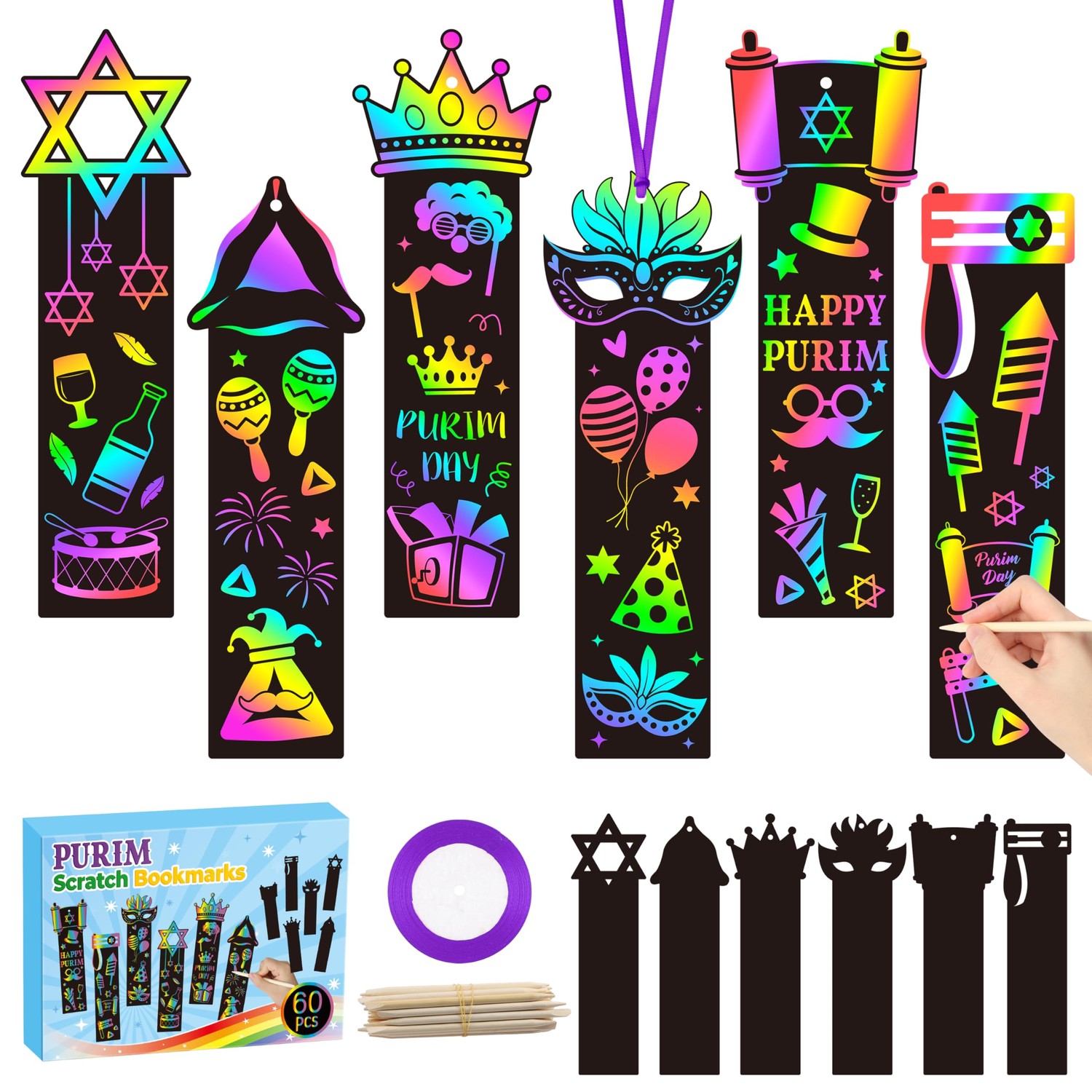 CY2SIDE Purim Day Scratch Bookmarks - 60PCS Jewish Holiday Magic Color ...