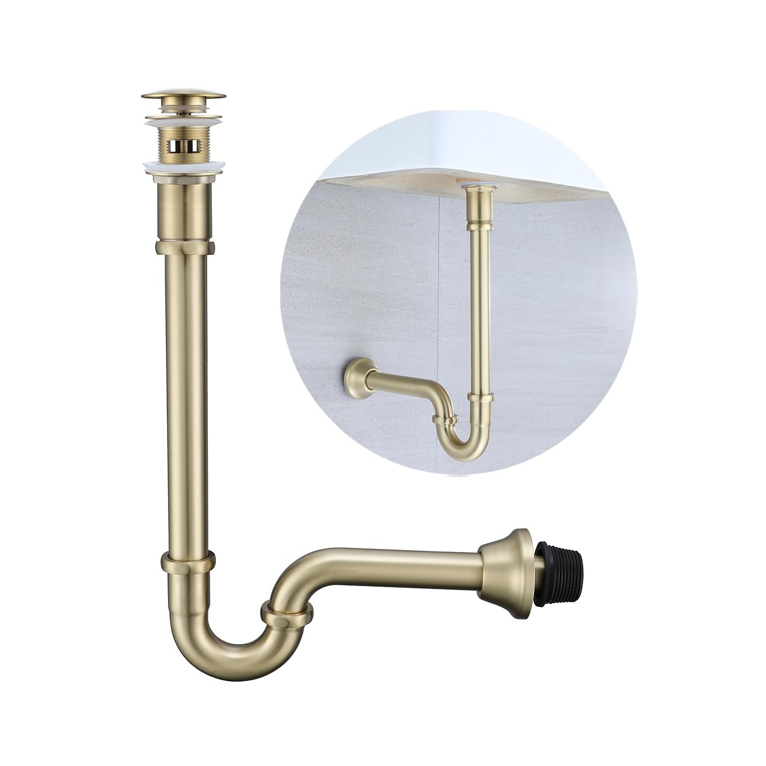 SEABEFORE Brass P Trap with Pop Up Drain Stopper With Overflow,U-Shape ...