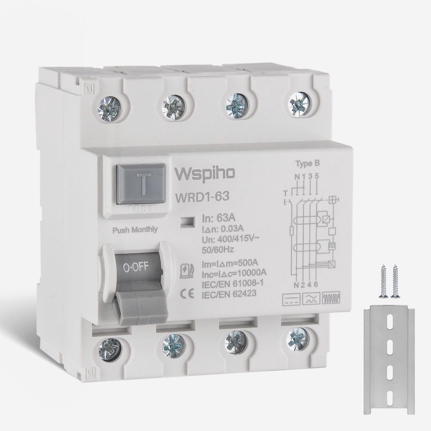 WSPIHO FI Circuit Breaker Type B 63A 30mA 4-Pin RCCB Residual Current ...