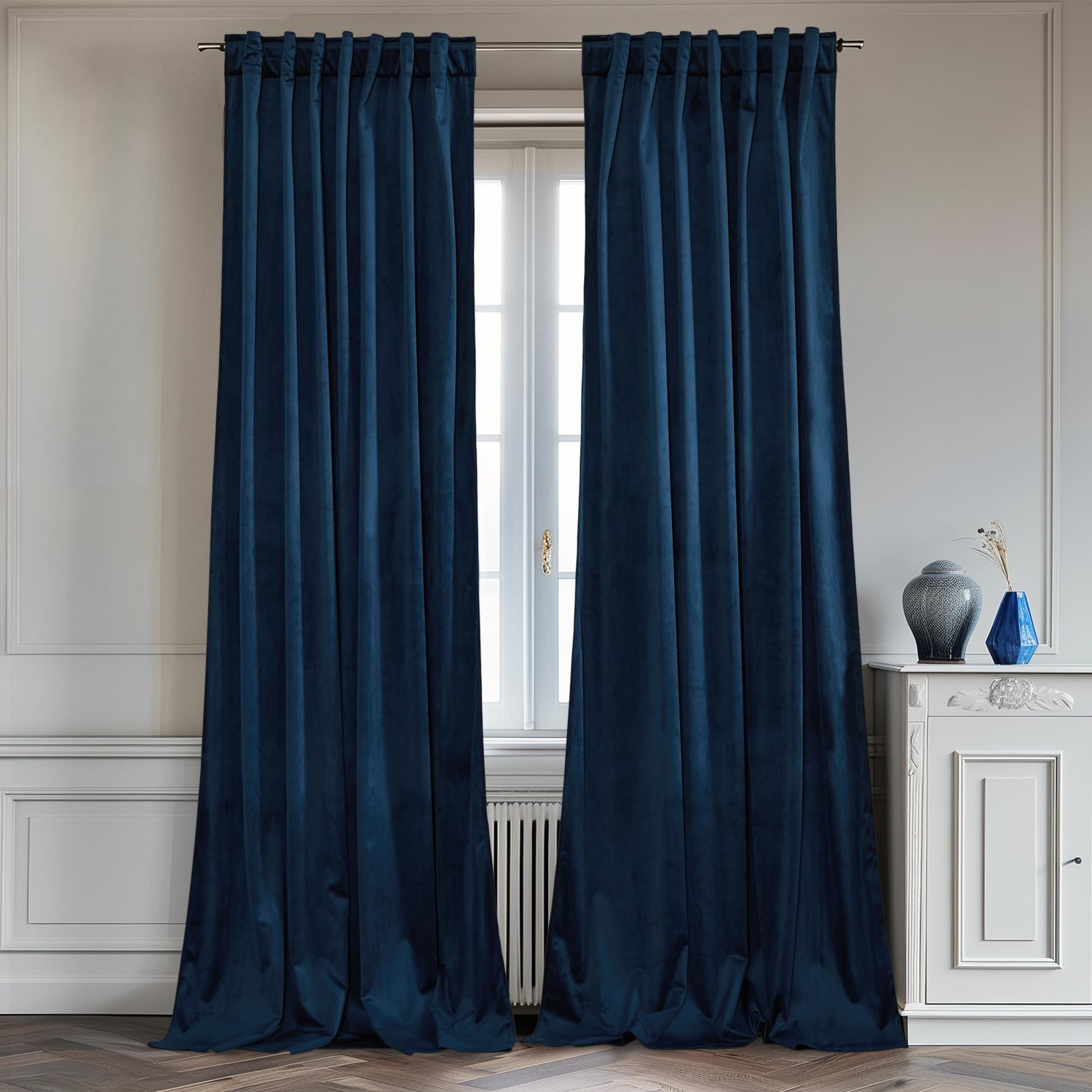 StangH Wide Navy Blue Velvet Curtains Luxury Back Tab Blackout Bedroom ...