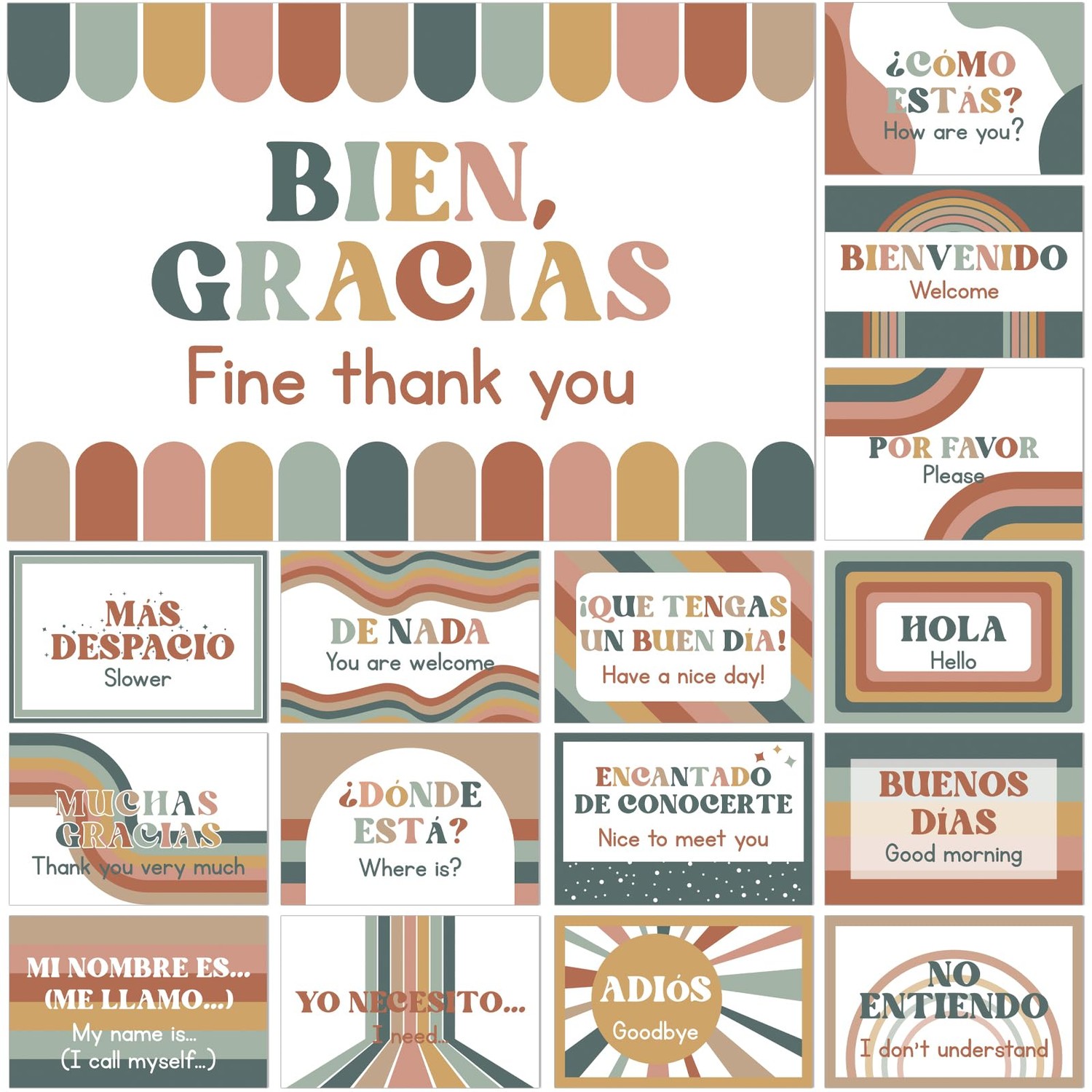 BelleAngle 16Pcs Bilingual Posters Spanish English Words and Phrases ...