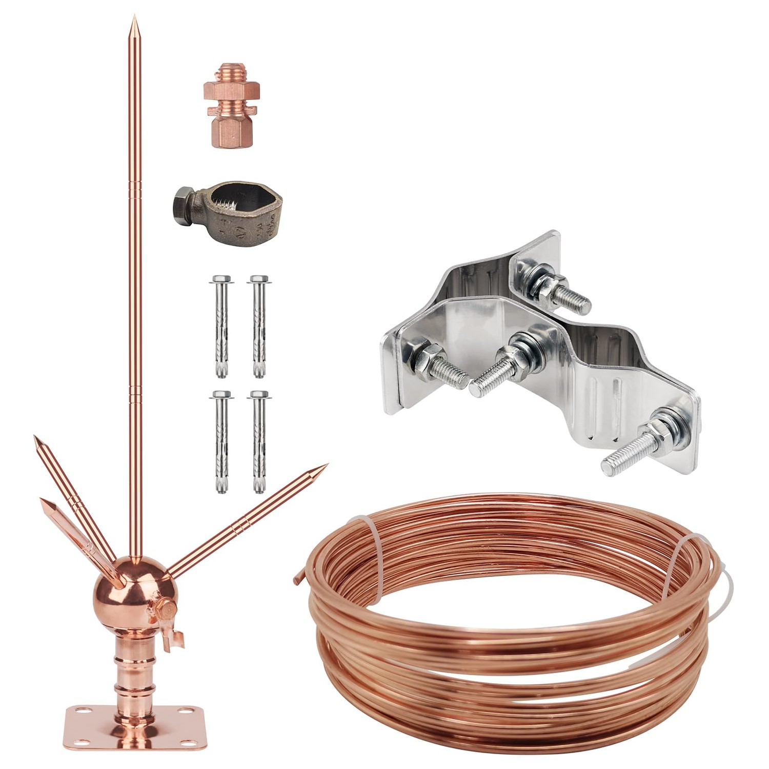 CYANTEKOMS Copper Brass Lightning Rod Kit with 60 Feet 6 AWG Down ...