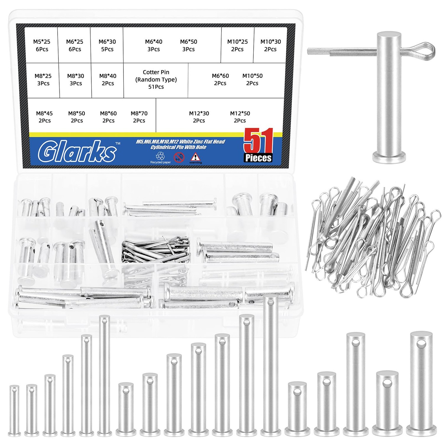 Glarks 51pcs 18 Sizes Single Hole Flat Head Clevis Pins Set, M5 M6 M8 ...
