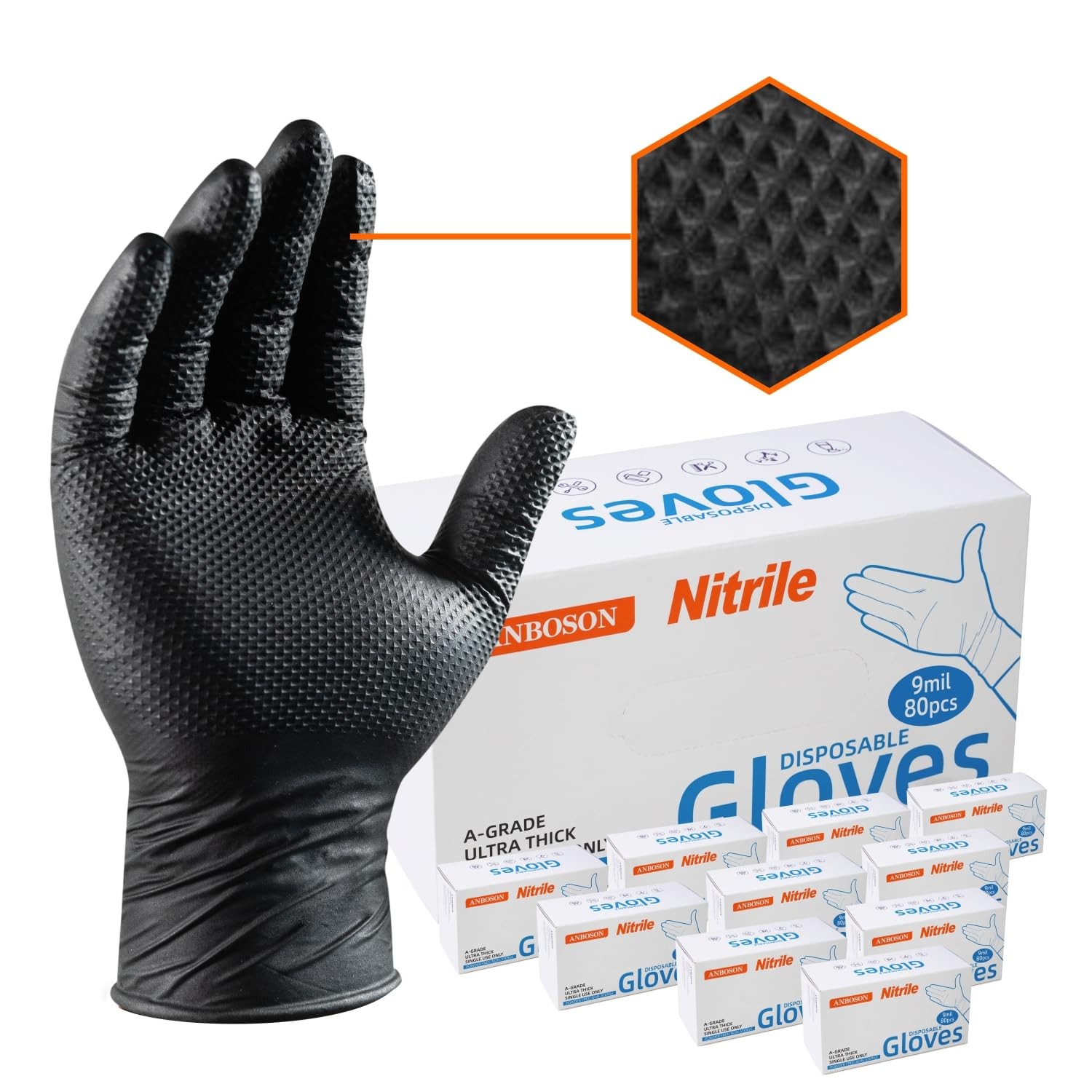 ANBOSON Heavy Duty 9mil Nitrile Gloves Thick Industrial Black Gloves ...