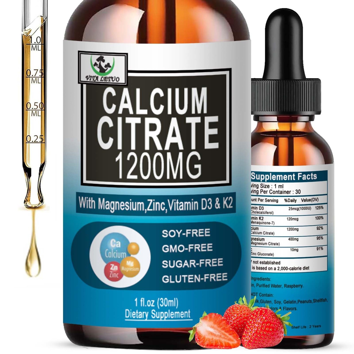 Calcium Citrate Supplement,1200mg Calcium with Vitamin D3 Drops for ...
