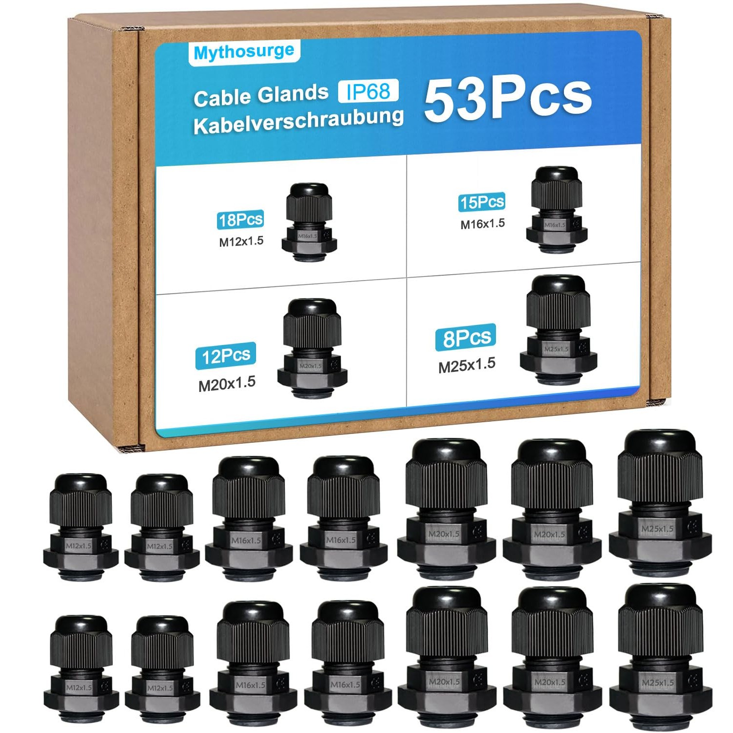 Pack of 53 Cable Glands M12 M16 M20 M25, IP68 Waterproof Cable Grommet ...