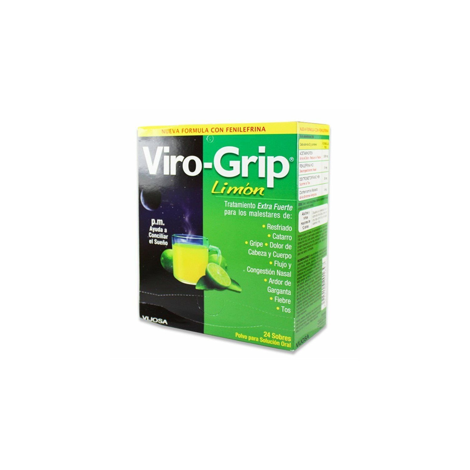 VIROGRIP TE LIMON PM NOCHE Gripe tos Flu Congestion Nasal Fiebre Dolor ...