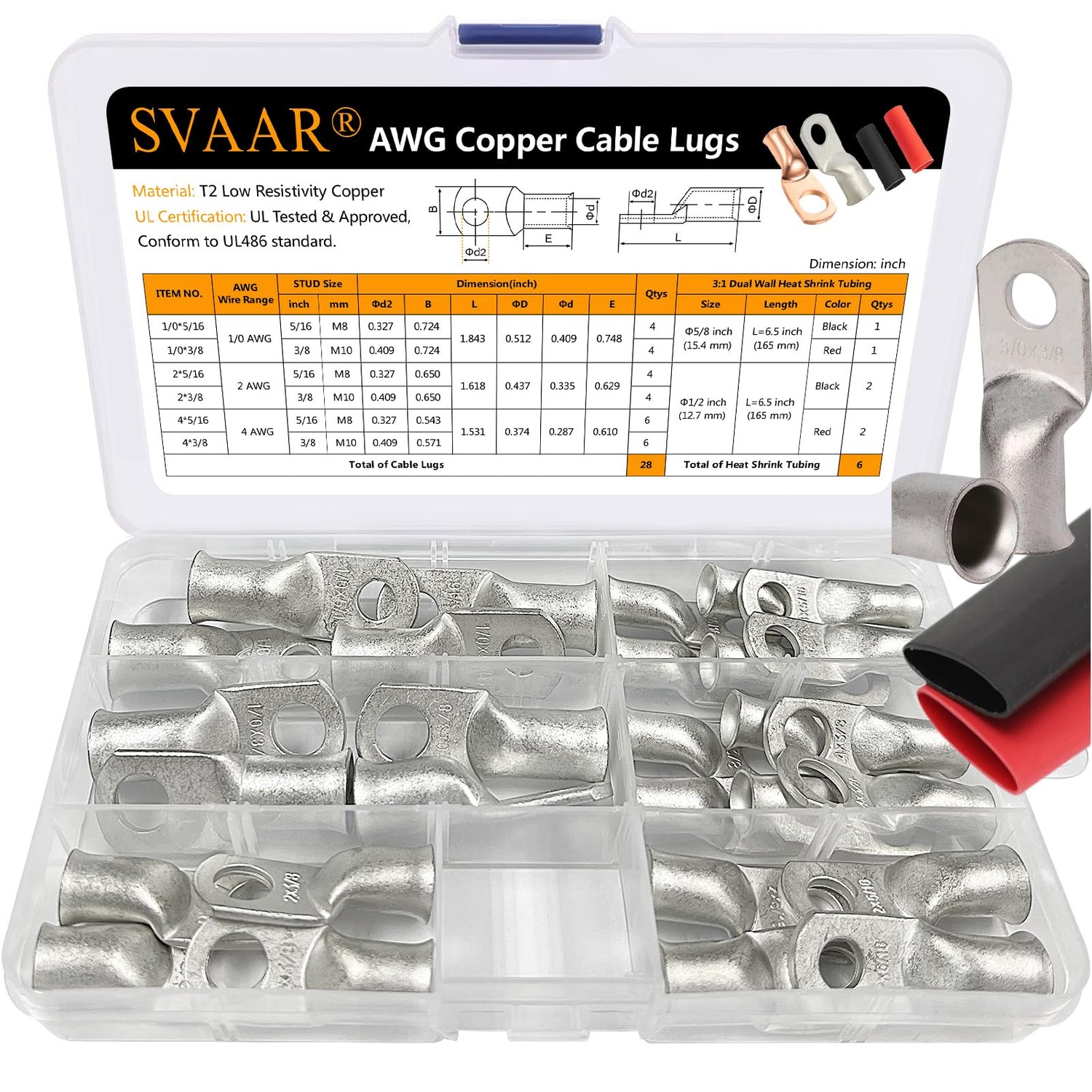 SVAAR 0 Gauge 2 Gauge 4 Gauge Terminals Copper Lugs kit Tinned Copper ...