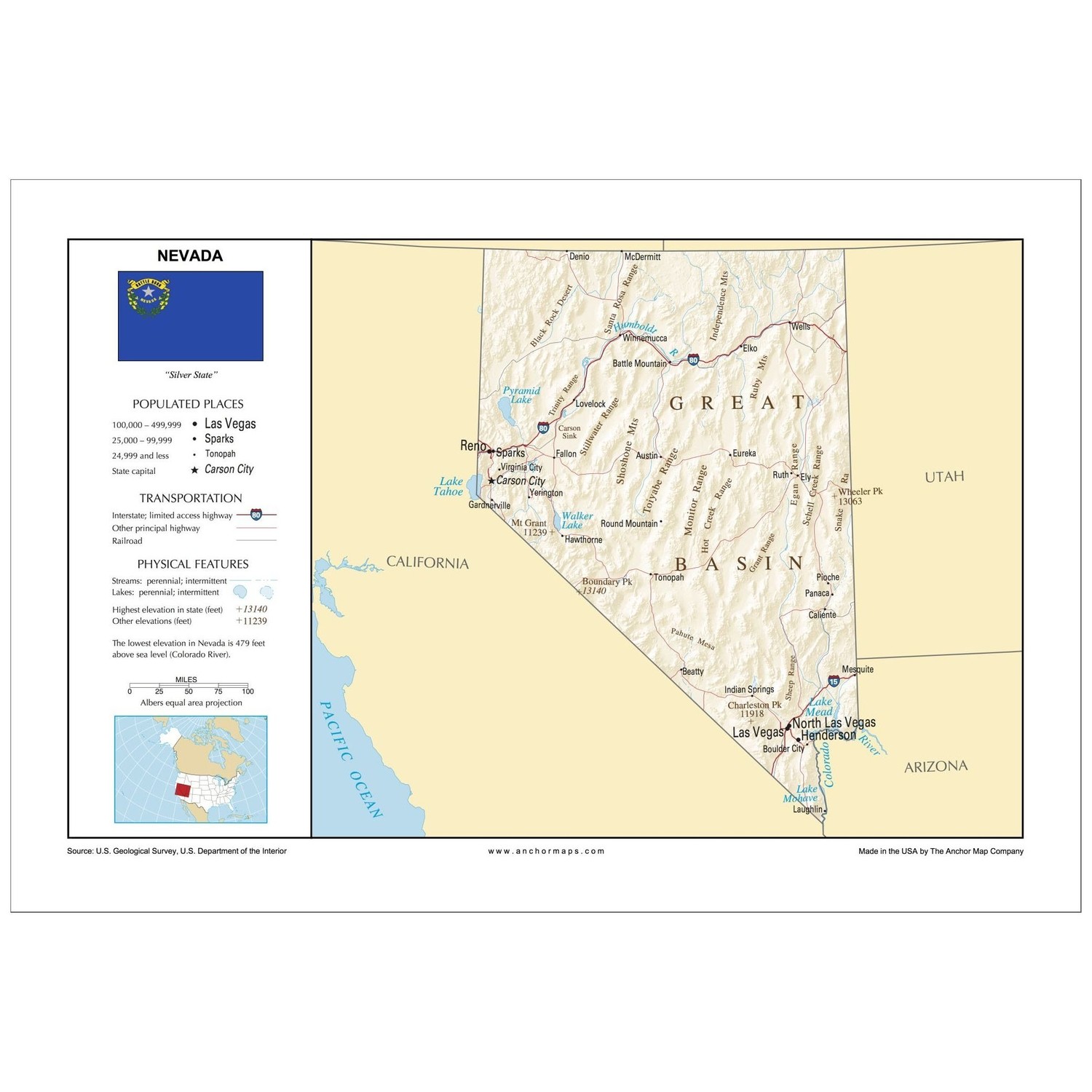 13x19 Nevada General Reference Wall Map - Anchor Maps USA Foundational ...