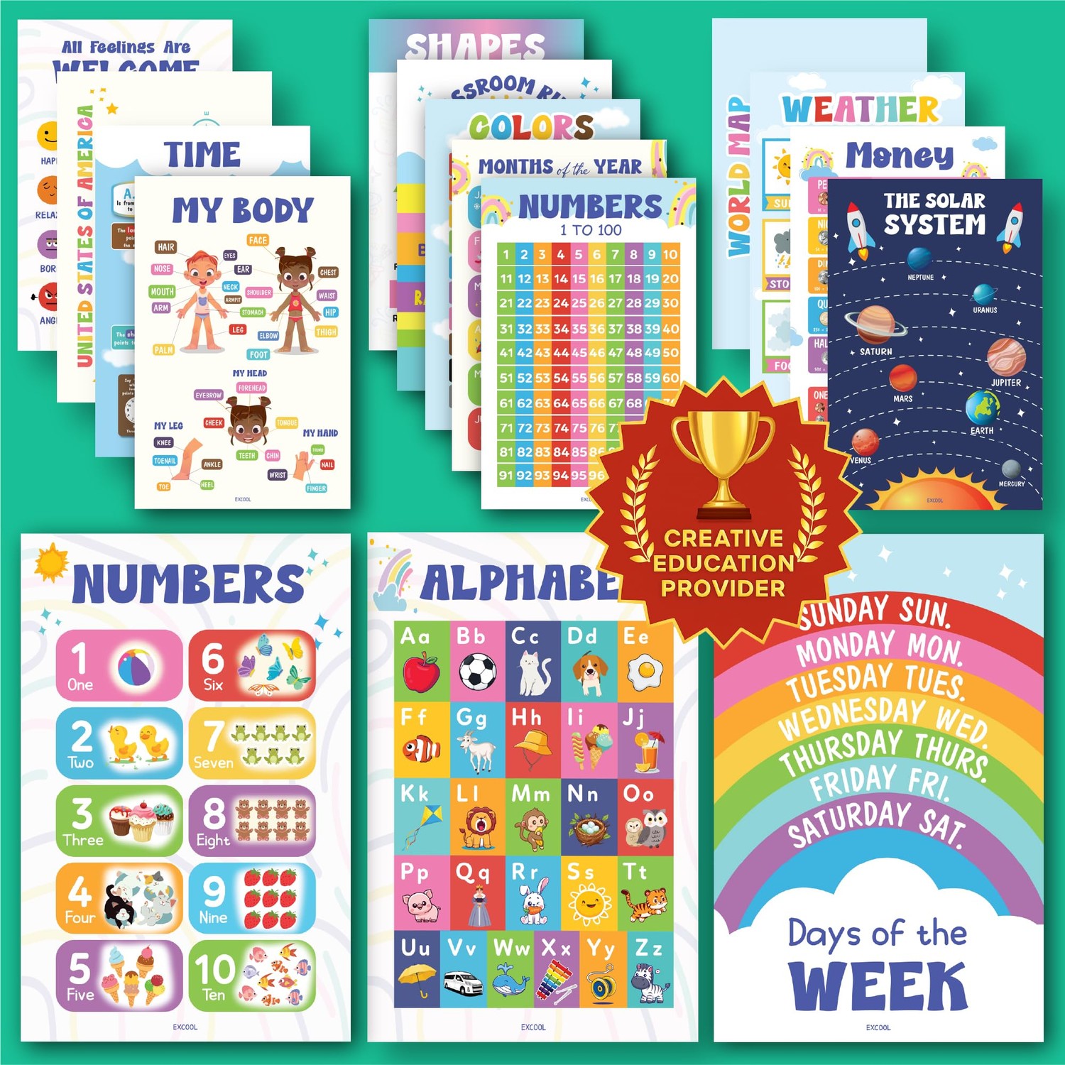 EXCOOL CLUB 16 Colorful Educational Posters For Toddlers 1-3, Toddler ...
