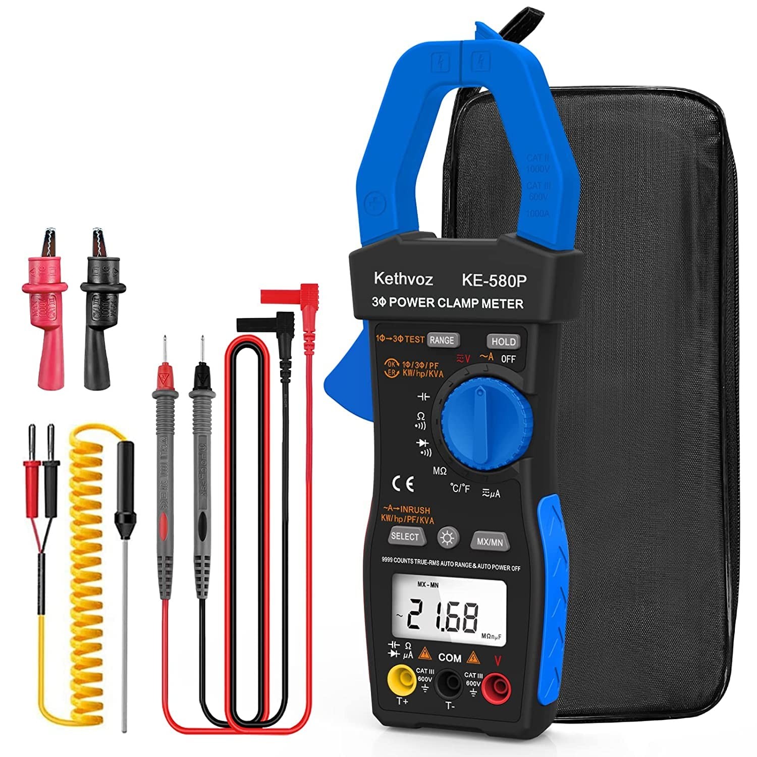 Current Clamp Multimeter 1000A Clamp Ammeter, Kethvoz 1/3 Phase Power ...