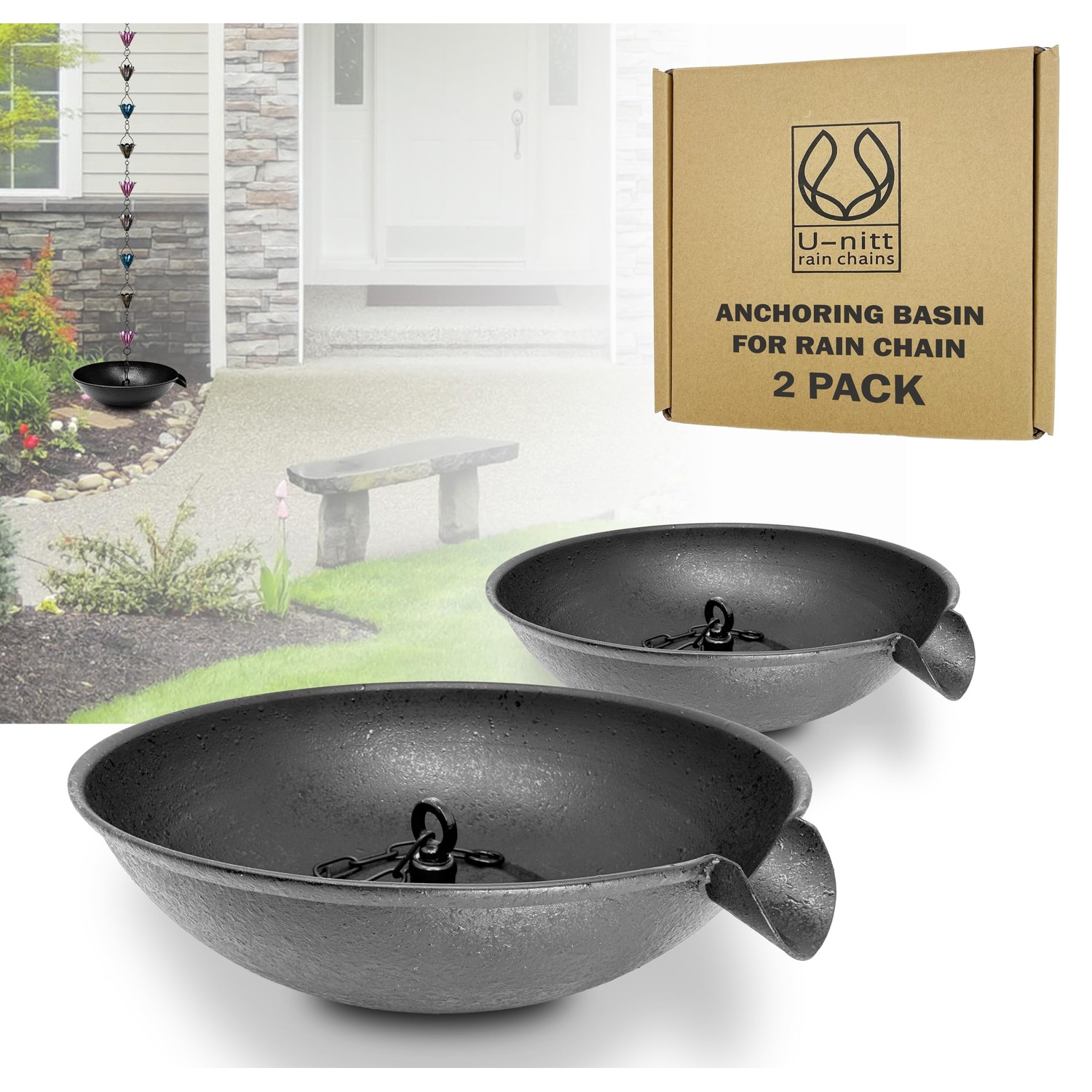 2PK 10" Spill Bowl Catch Basin for Rain Chain Anchoring Stake ...