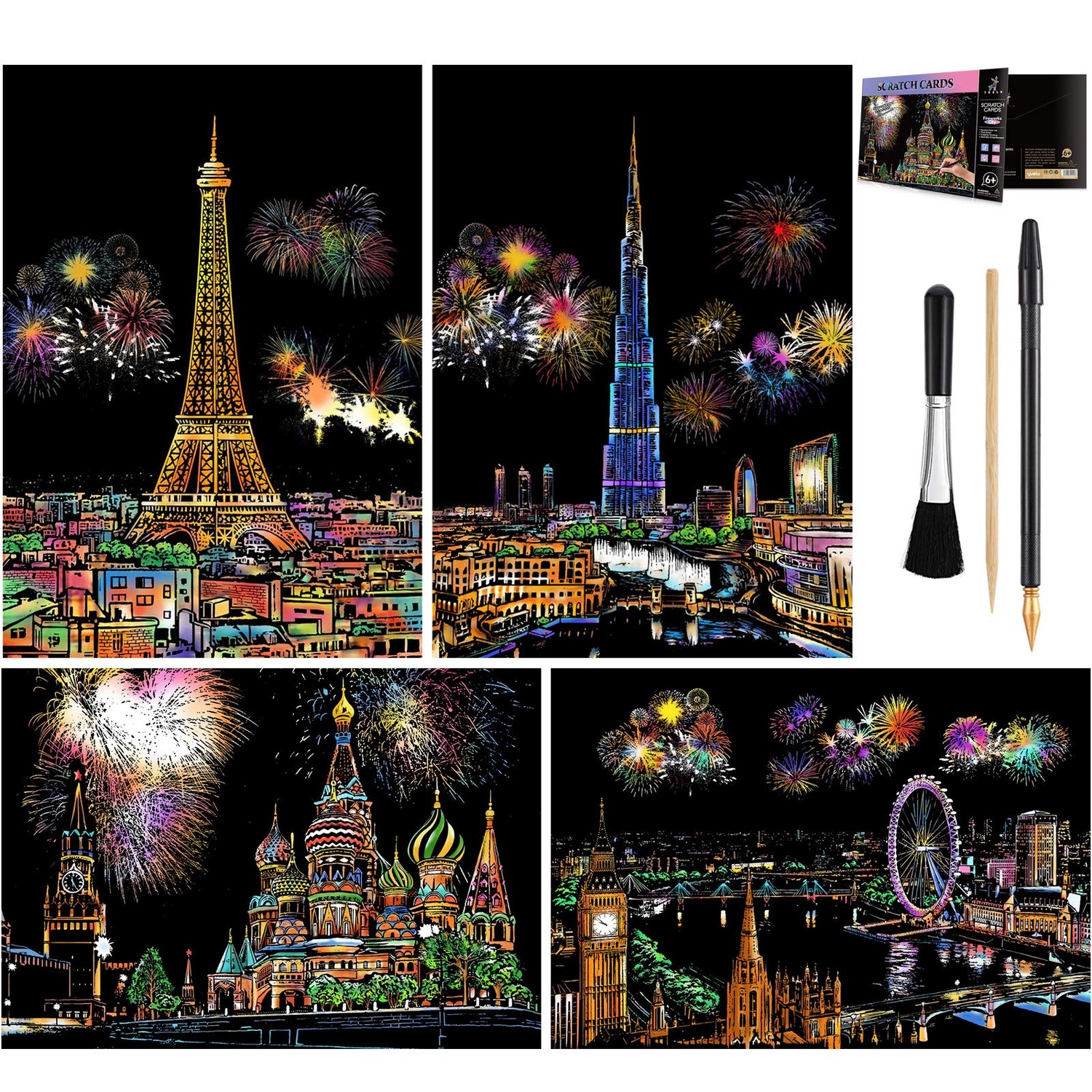 Rainbow Scratch Art Painting Paper (A4) for Adult & Kids, Night View ...