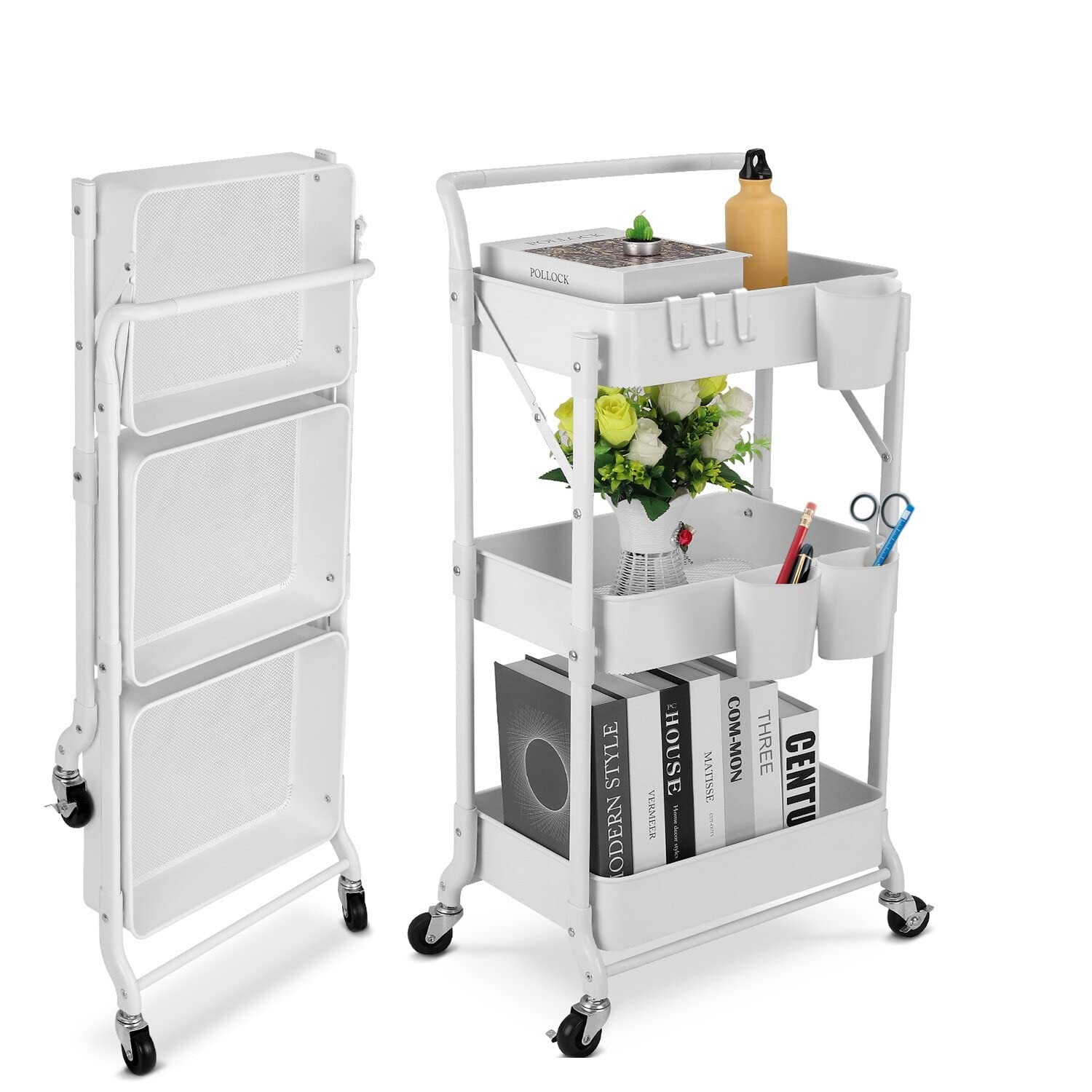 johgee Foldable 3 Tier Metal Utility Rolling Cart, Folding Mobile Multi ...