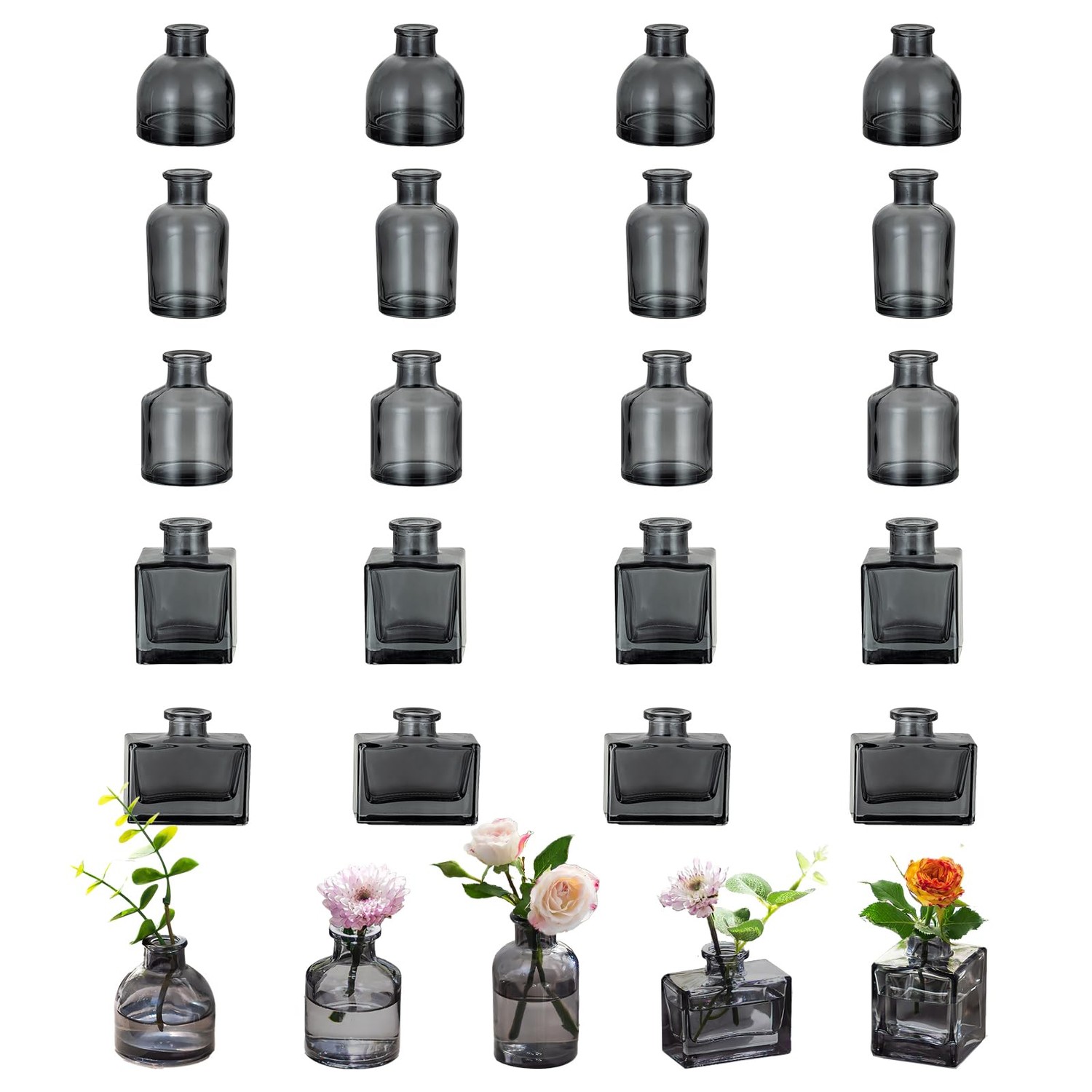 Glasseam Grey Glass Bud Vases: 20Pc Bulk Small Vases for Centerpieces ...