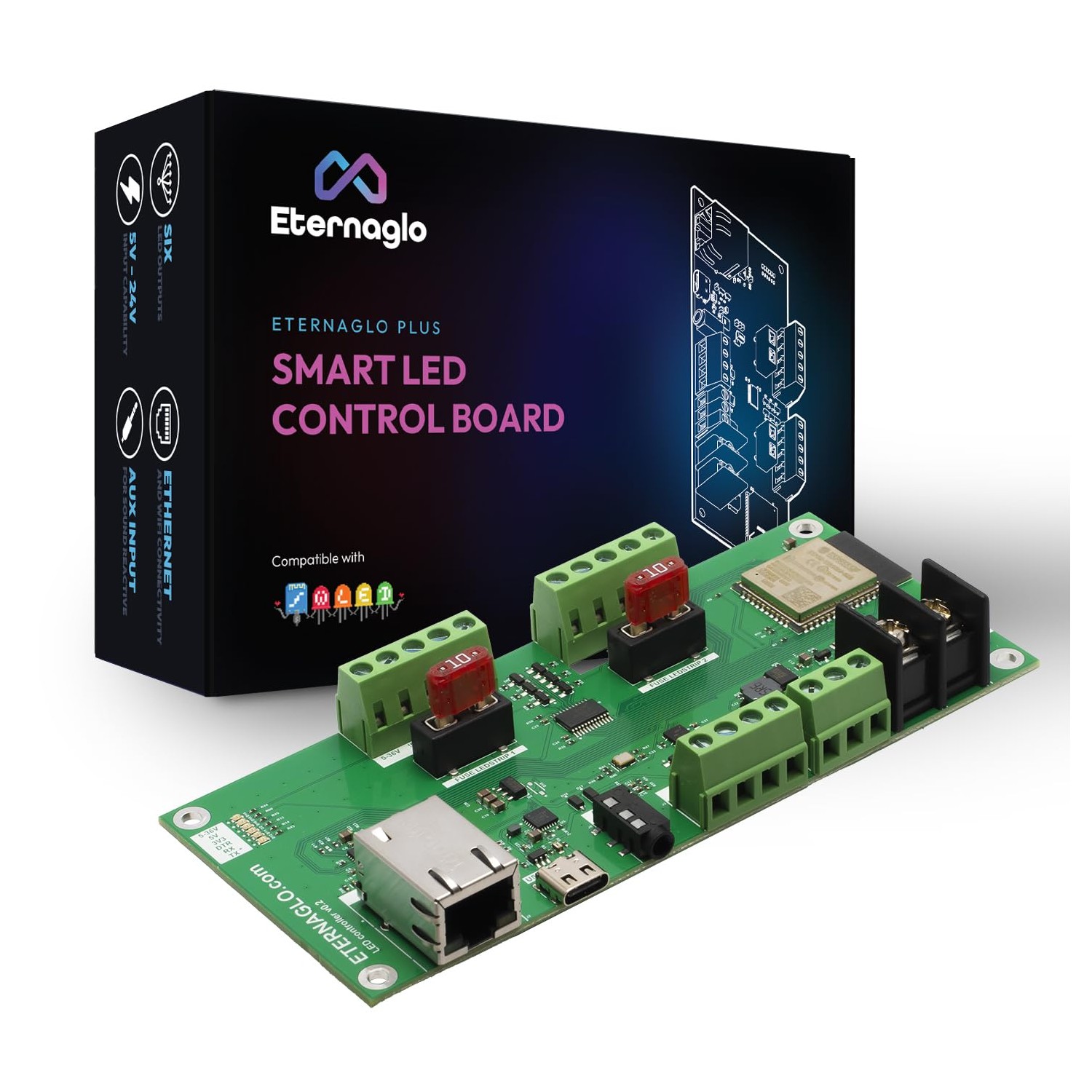 WLED Controller - Eternaglo Plus ESP32 5V-24V LED Control Board With 6 ...