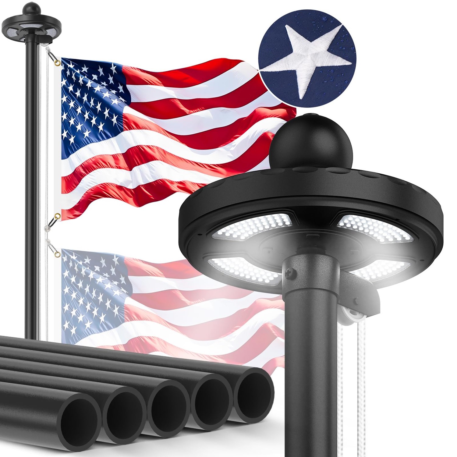 Lezbanz Heavy Duty Flag Pole Kit with 128 LED Solar Light, 20FT 12 ...