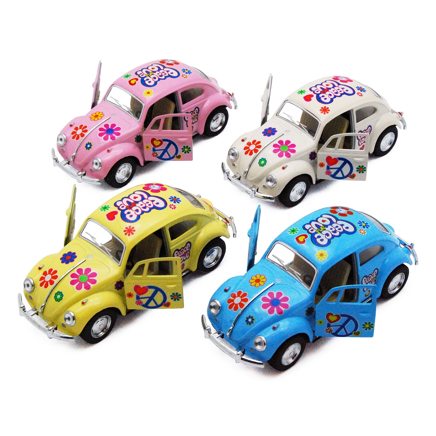 Kinsmart 1967 Volkswagen Classical Beetle w/Peace Love Decals, Set of 4 ...