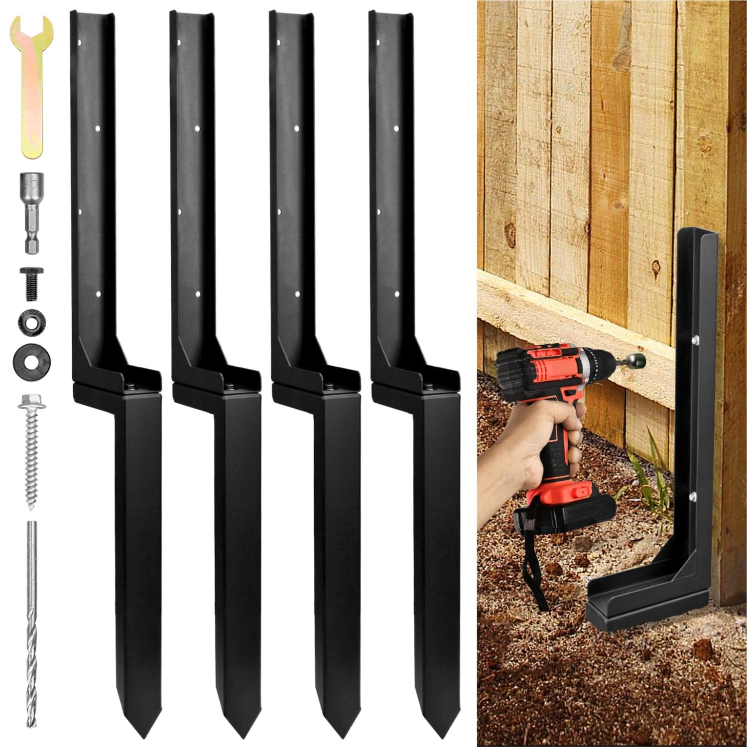 WIMART Rotten Leaning Fence Post Repair Kit Adjustable Angle Quick Easy ...