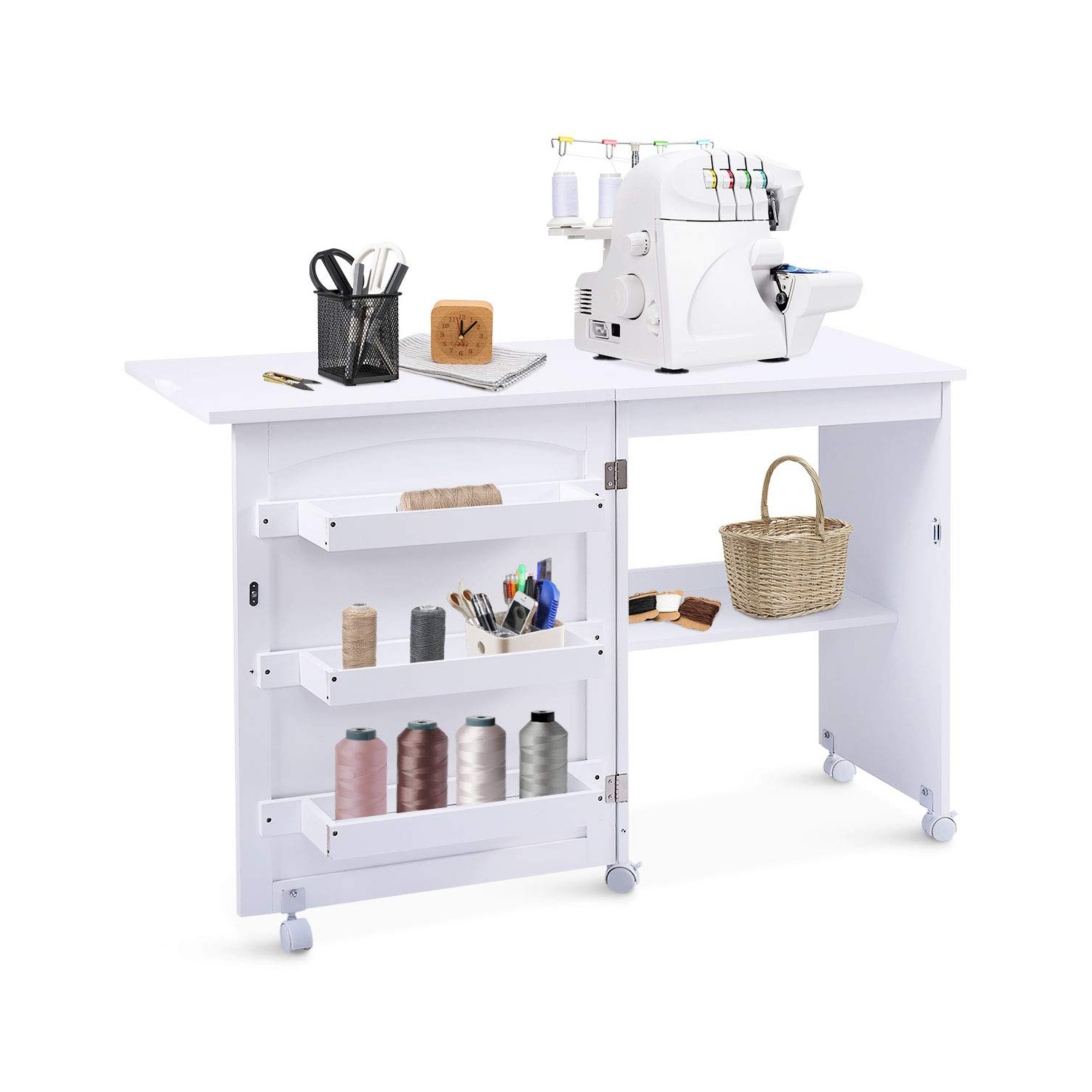 COSTWAY Folding Sewing Table, 2-in-1 Rolling Craft Table with Storage ...