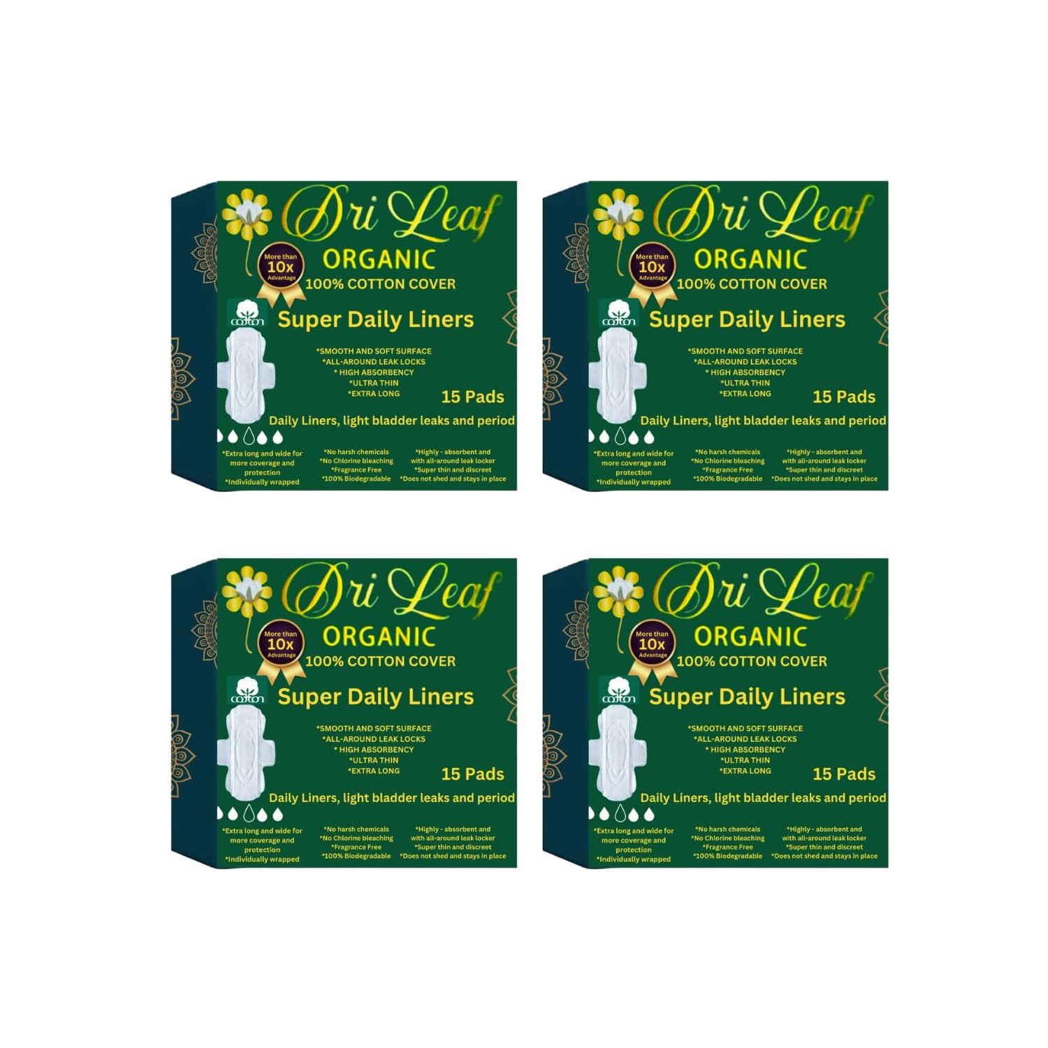 Dri Leaf - Panty Liners Extra Long - 9.6in X 3.1in - 2pk (30pads) Organic Panty Liners ...