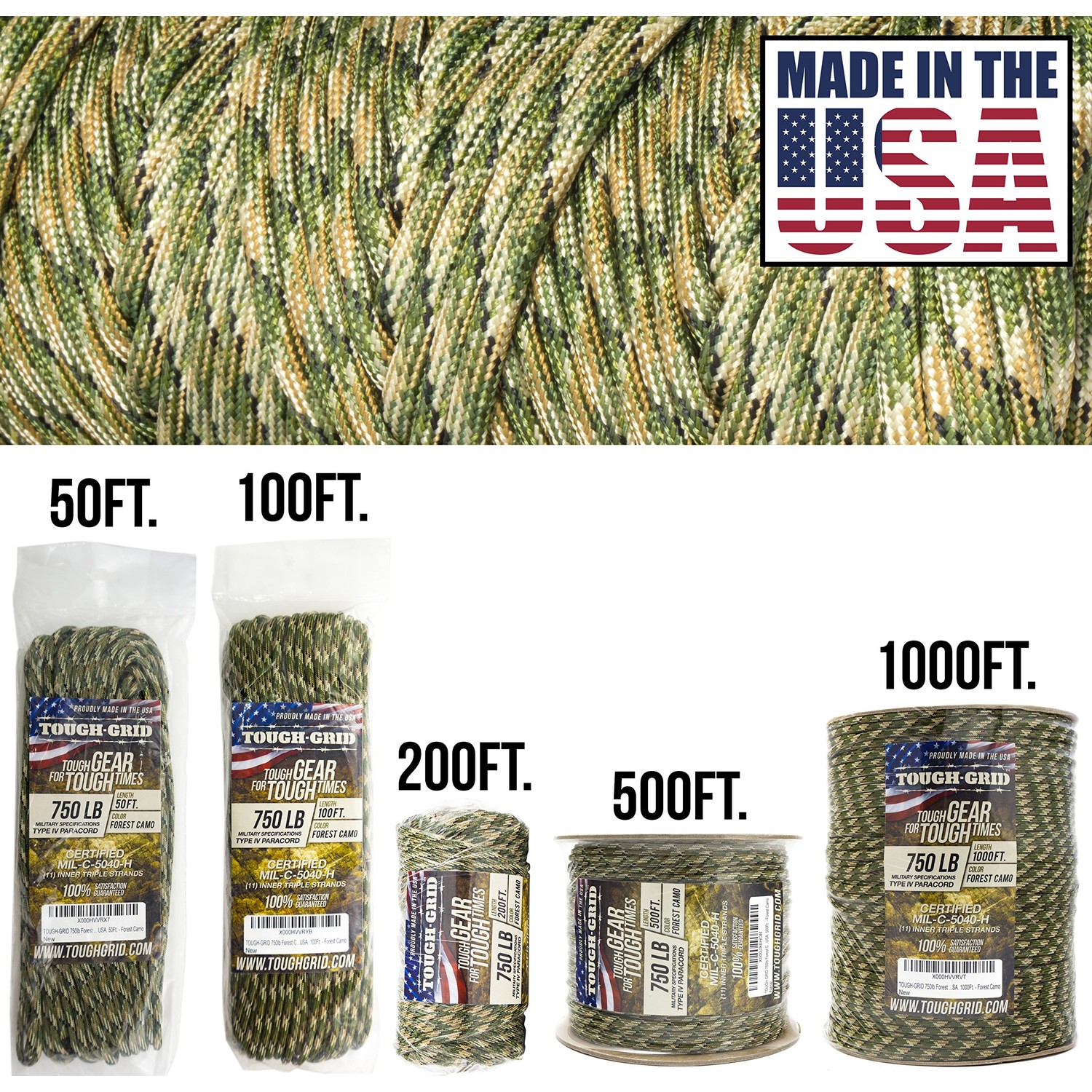 TOUGH-GRID 750lb Forest Camo Paracord/Parachute Cord - Genuine Mil Spec ...