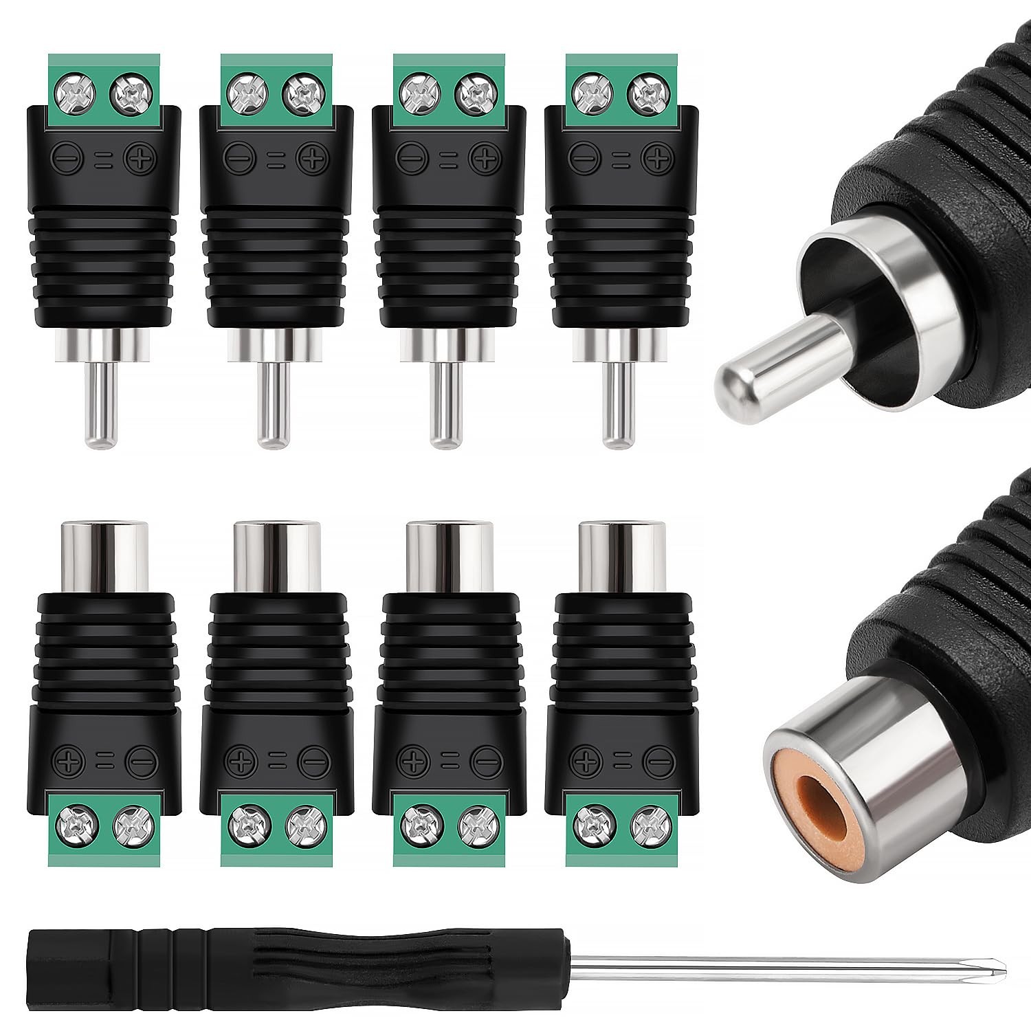 KUOQIY 4 Pairs RCA Adapter Terminal Block Set, RCA Male and Female to ...