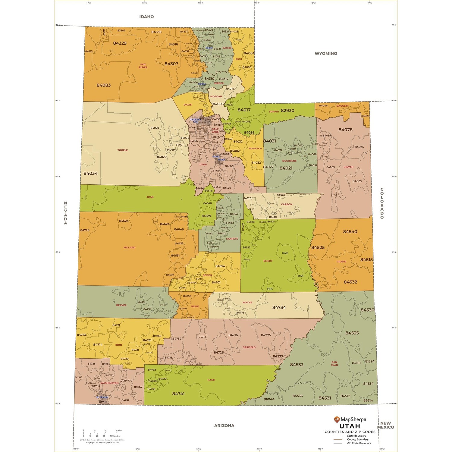 Utah ZIP Code Map with Counties - Standard - 36" x 47.5" Laminated ...