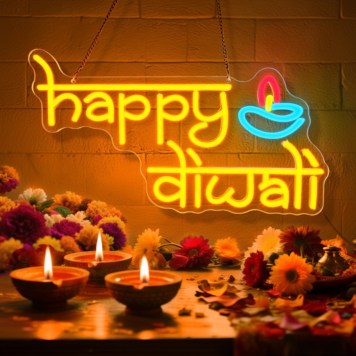 Astuddy Happy Diwali Neon Sign – LED Neon Light Sign with Diya Design ...