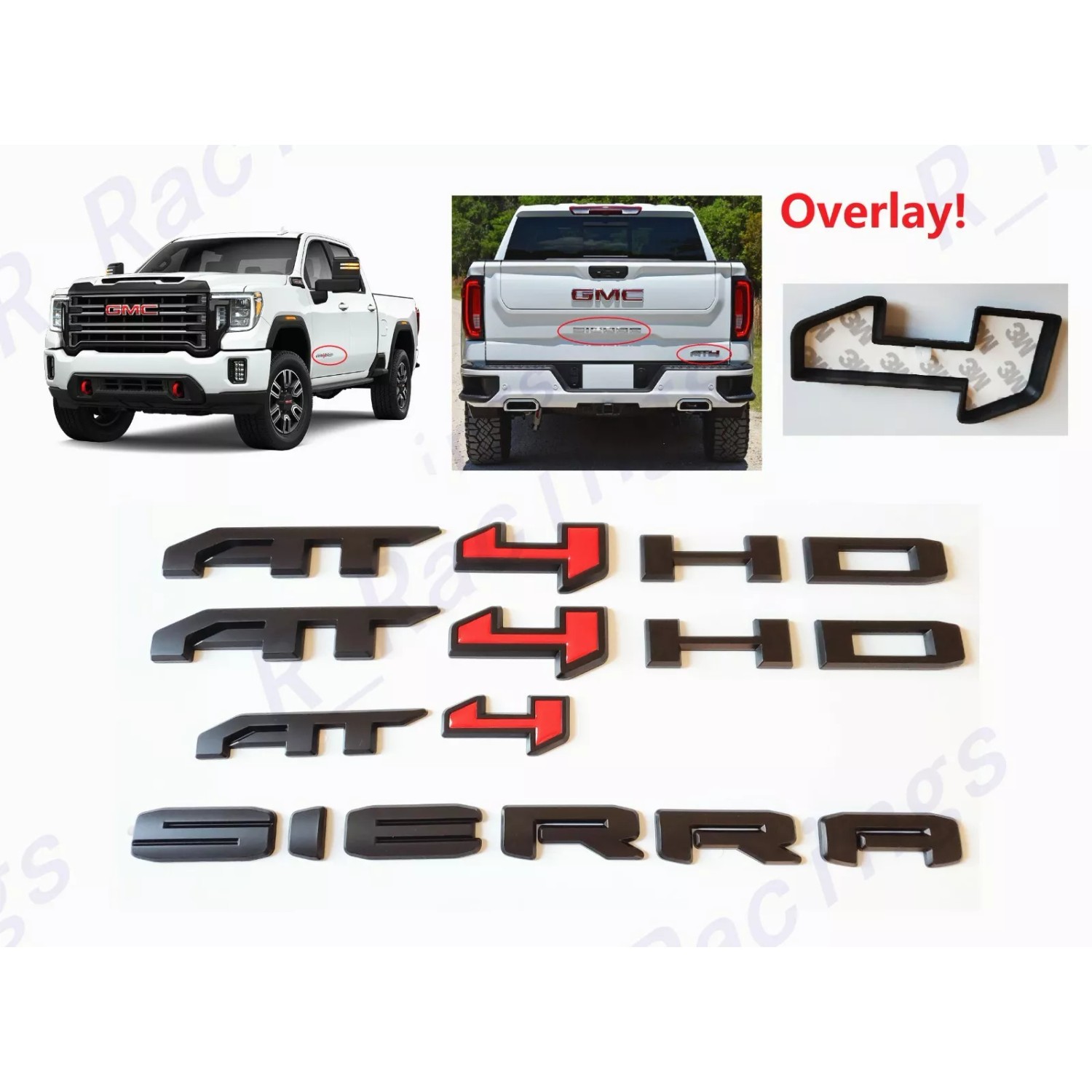 Auto Door Rear Matte Black Red AT4 HD Sierra Emblem Overlay GMC Sierra ...
