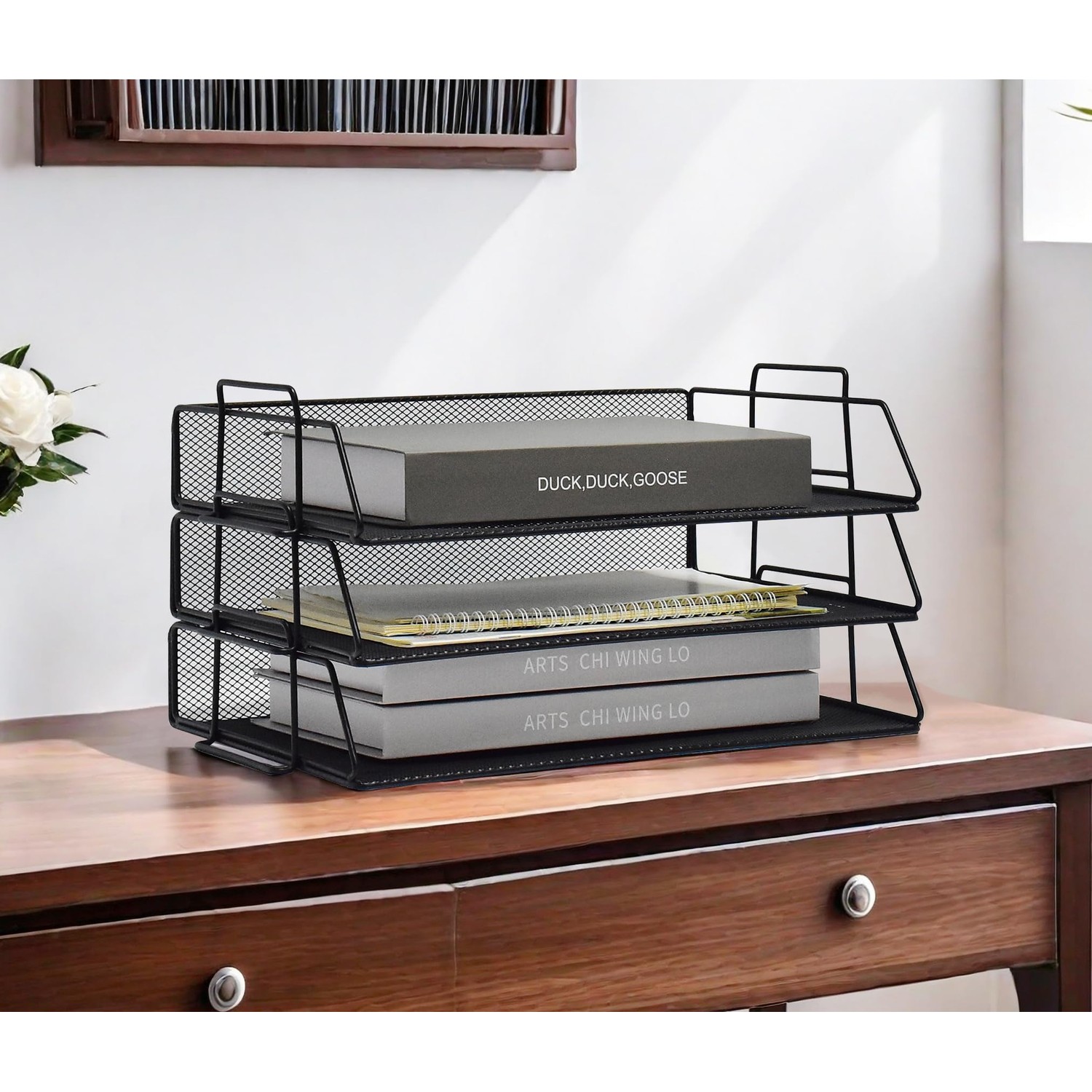 YFS 3 Tier Mesh Paper Holder with Handle, Stackable Letter Tray ...