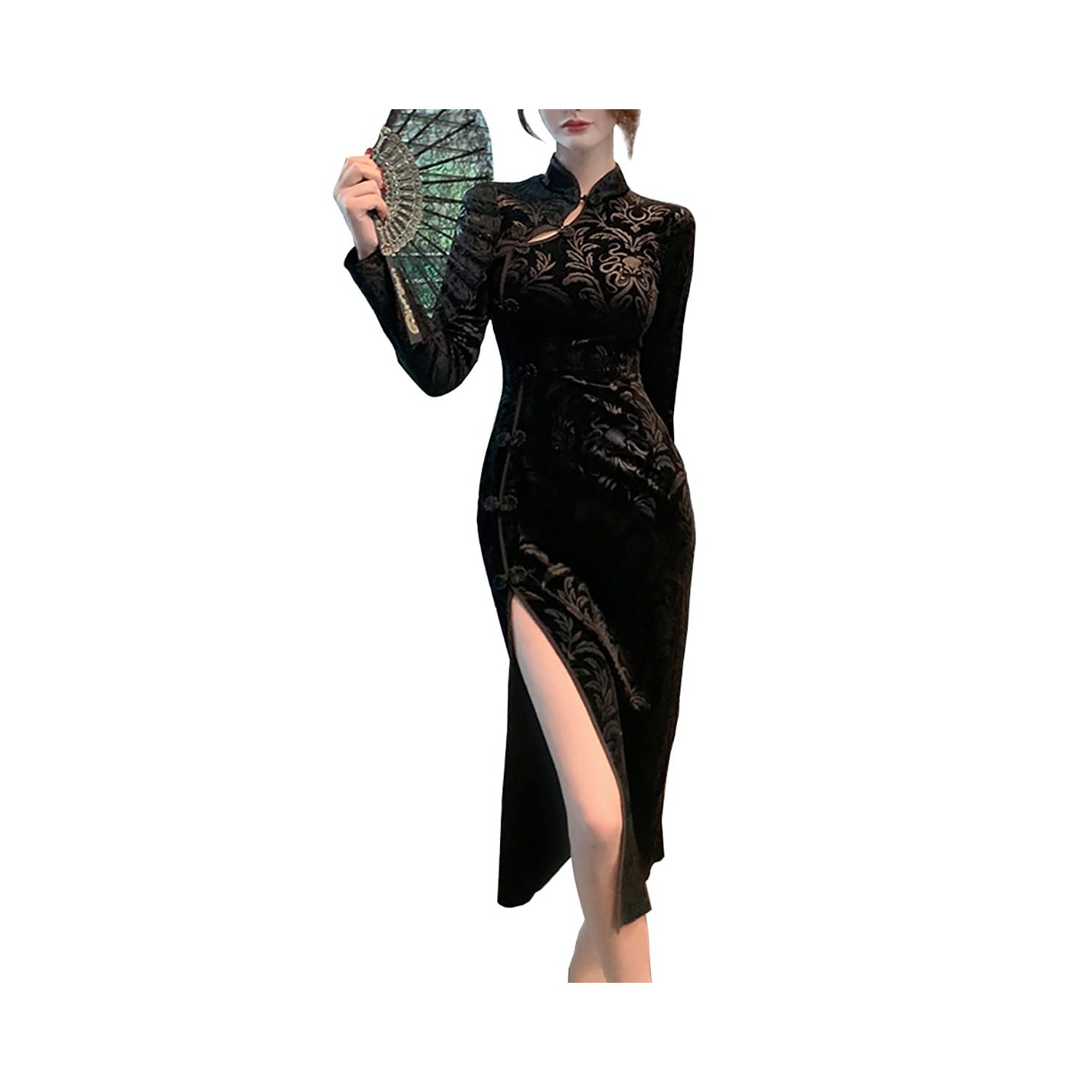 QYUU Women's Sexy High Slit Cheongsam Midi Dress Elegant Velvet ...