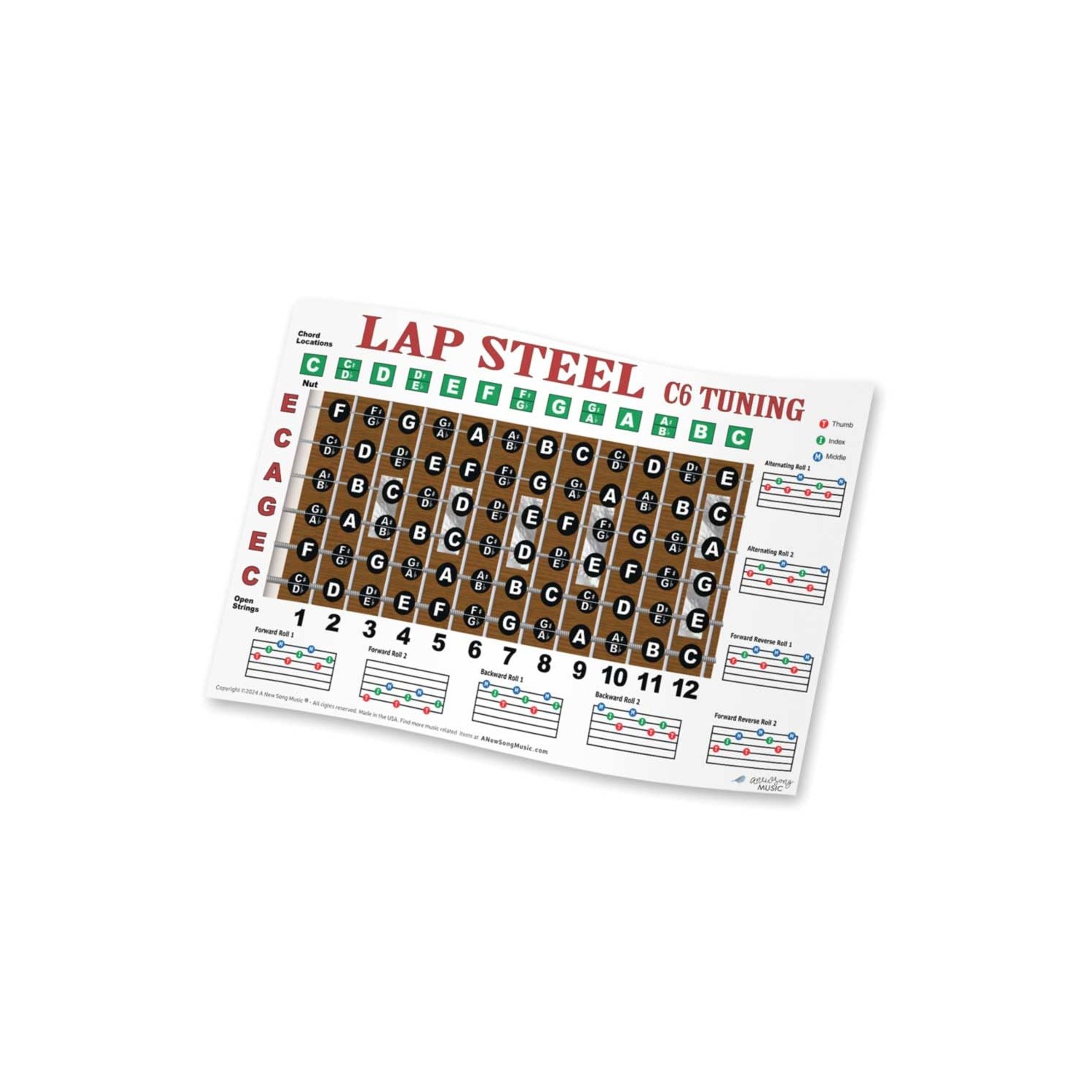 Lap Steel C6 Tuning Guitar Fretboard Note & Rolls Chart - Beginners ...