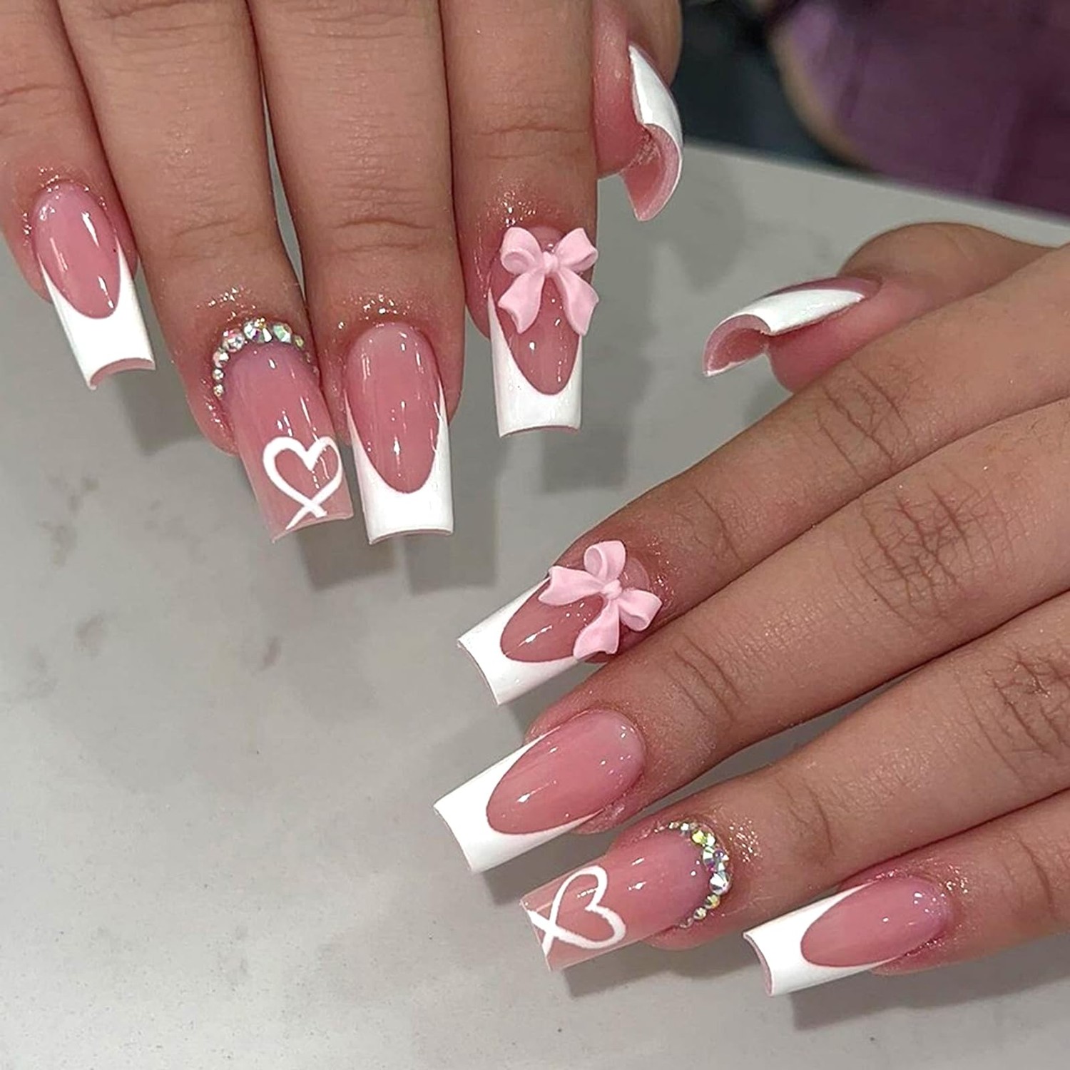 Viugex 24Pcs Pink Press on Nails Long Coffin, White French Tip False ...