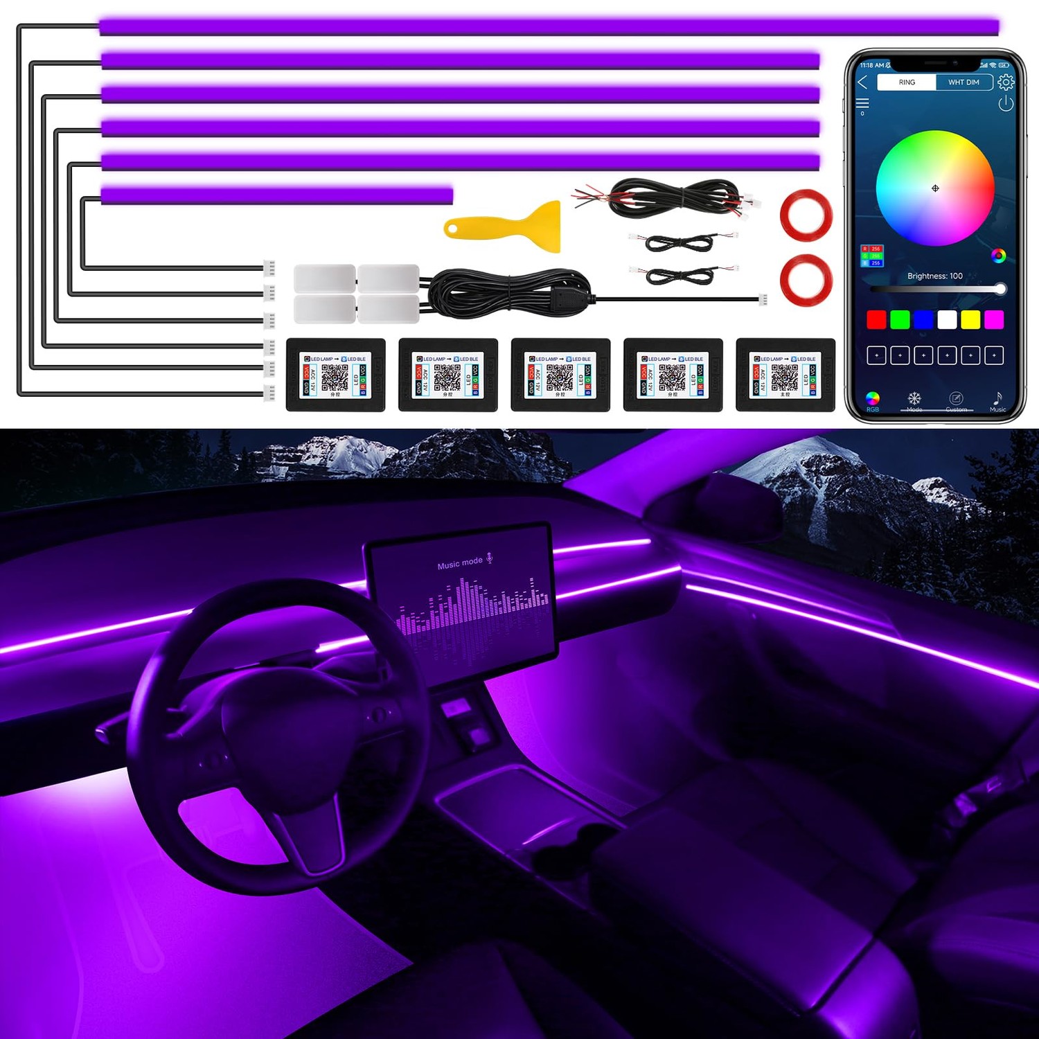 Acrylic Interior Car LED Strip Light with Wireless App, 10 in 1 with ...