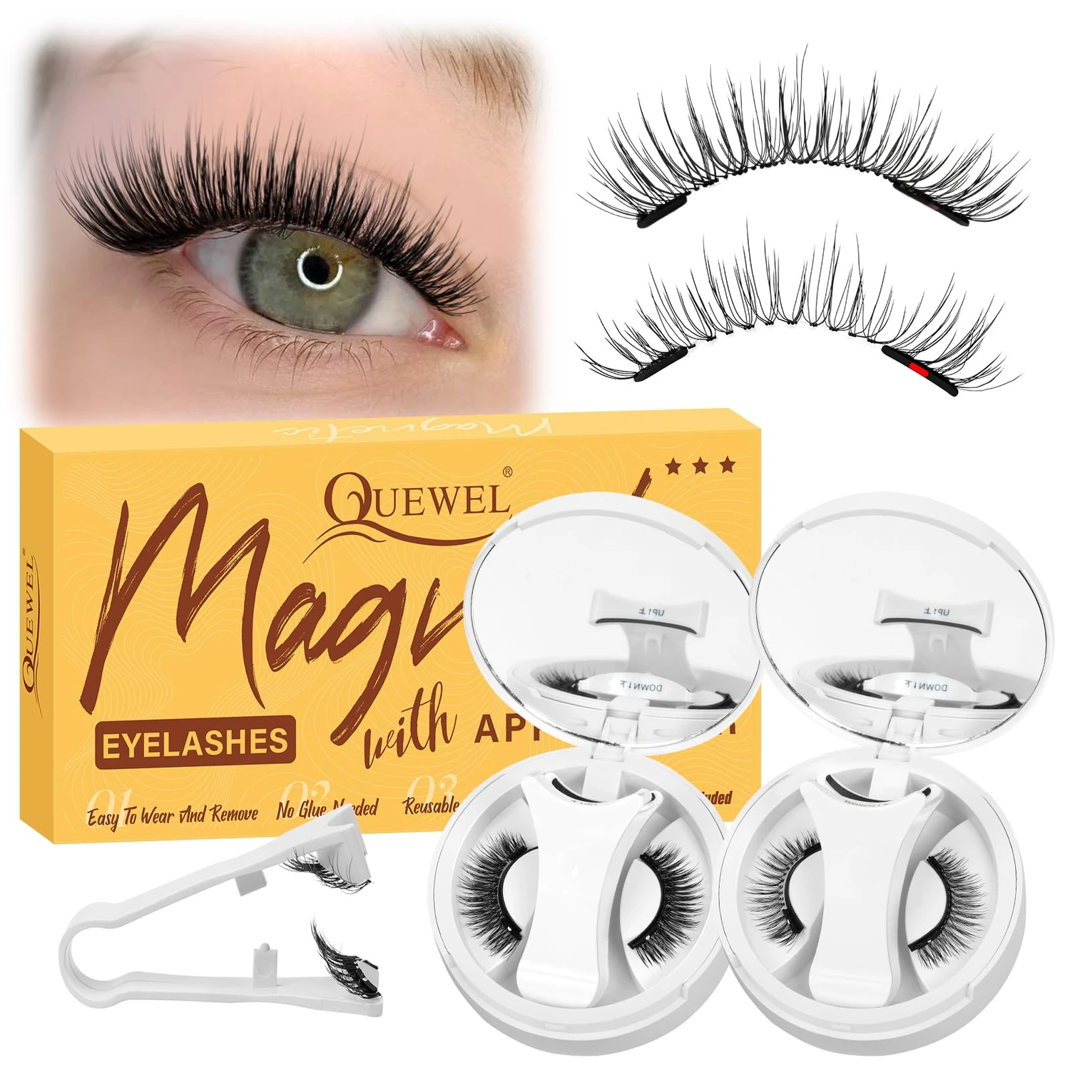 QUEWEL Magnetic Eyelashes, 2 Pairs Natural Look Reusable Magnetic ...