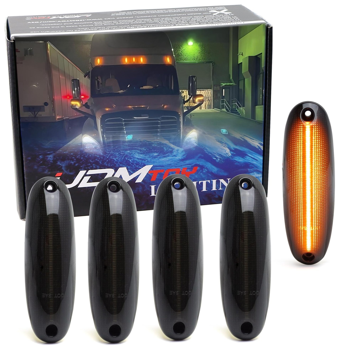 iJDMTOY 5pc-Set Black-Out Smoked Lens Amber Full LED Strip Teardrop Cab ...