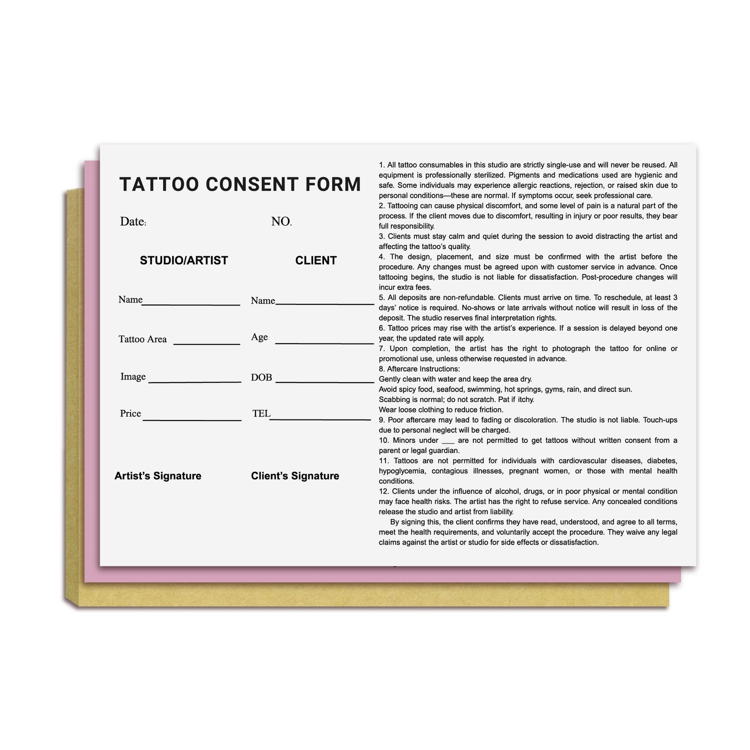 Tattoo Consent Form for Ink Shops - 50PC Pre-Printed Release Waiver ...