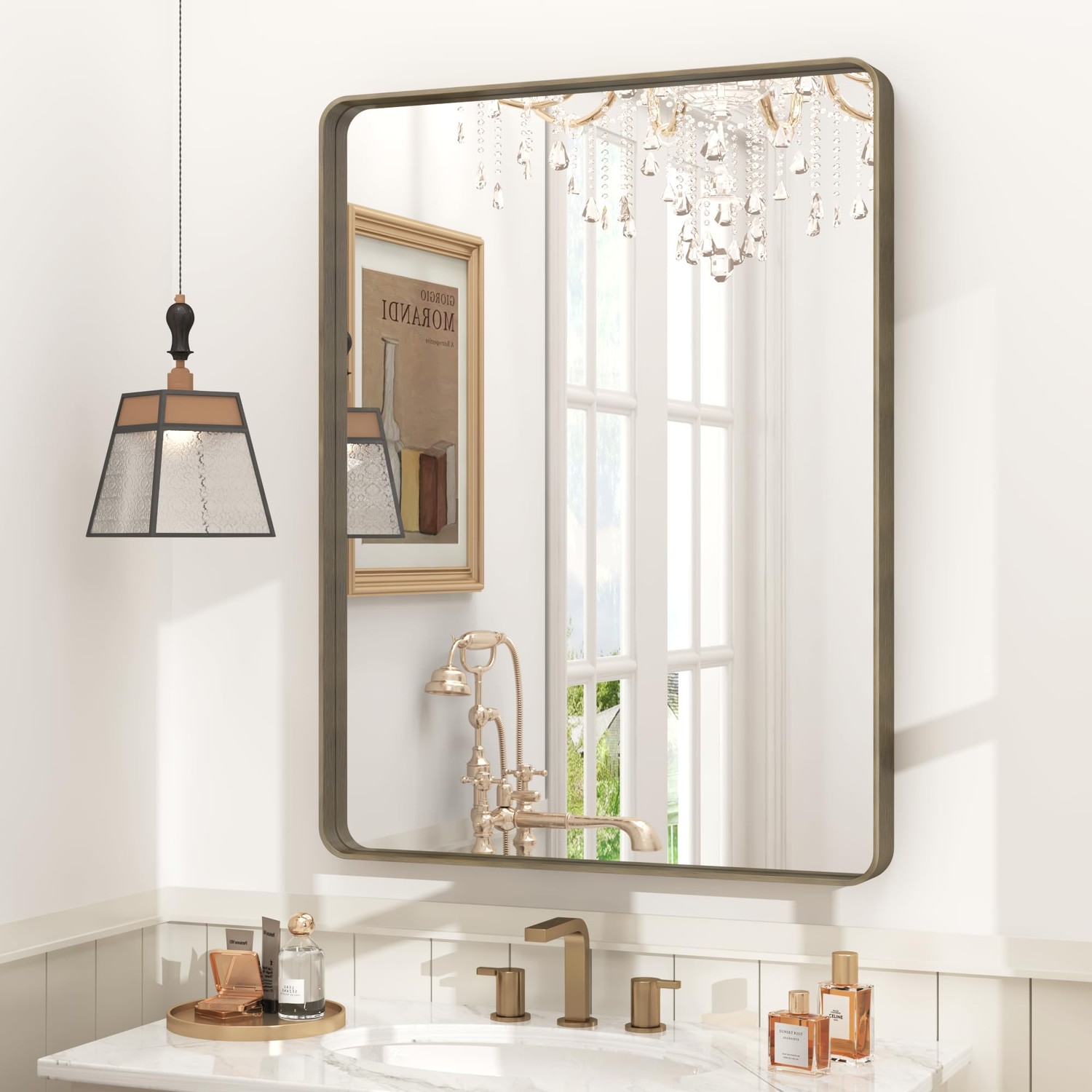 CHARMOR 24x32 Bronze Bathroom Mirror, Rounded Rectangle Bronze Frame ...