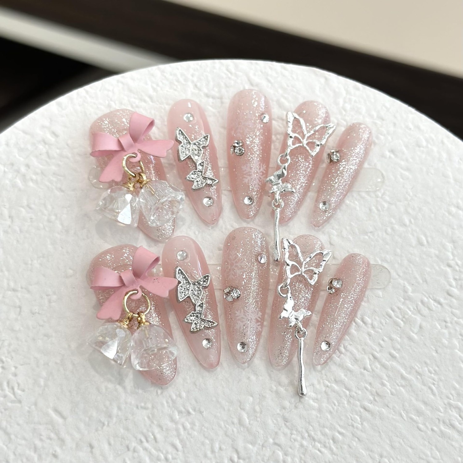 Handmade Press on Nails Long MouyouGlow, Oval Pink Glitter Cute 3D Bow ...