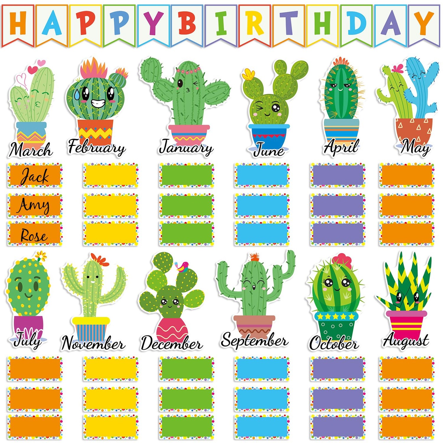 Weekgrat 64 Pcs Happy Birthday Bulletin Board Set Cactus Cutouts ...