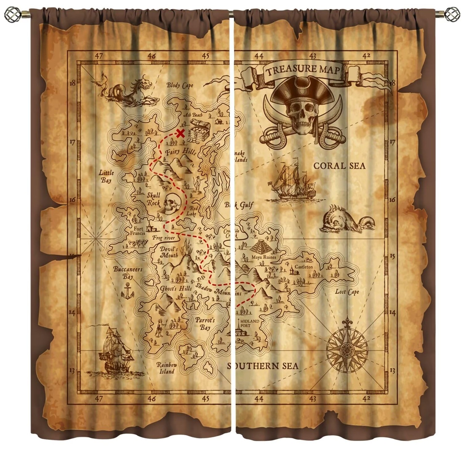 ZhiRain Nautical Island Map Curtains Vintage Old Map Pirate Ship Ocean ...