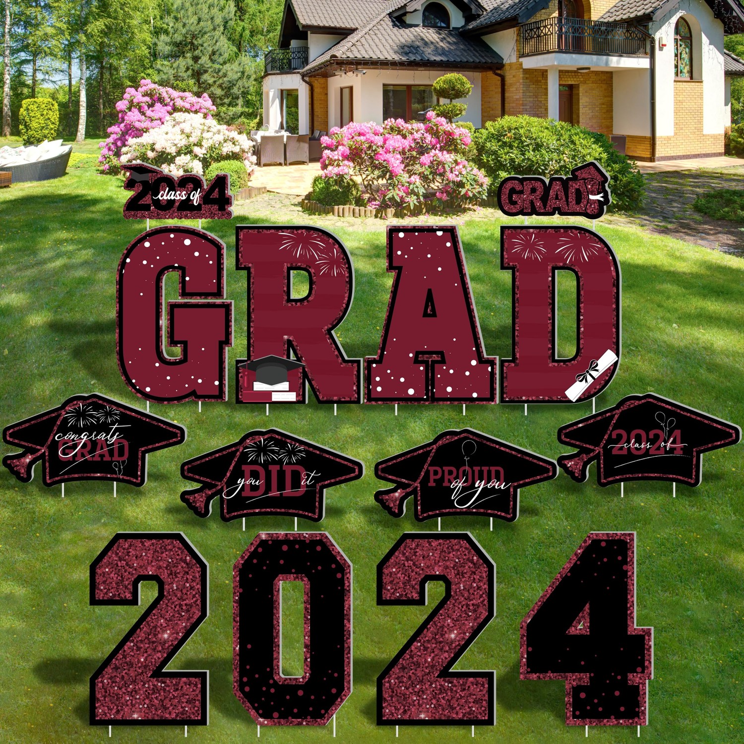 14 PCS Graduation Yard Signs, Wine Large Congrats Grad Class of 2025 ...