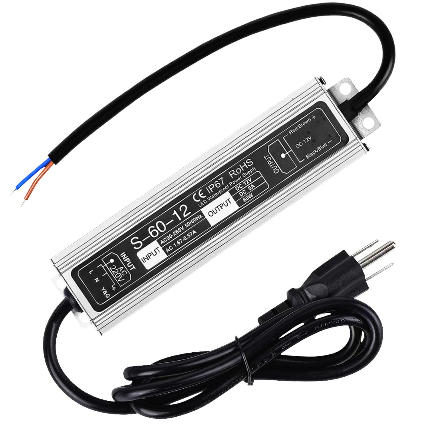 LED Driver 60W IP67 Waterproof Low Voltage Transformer Adapter, AC90 ...