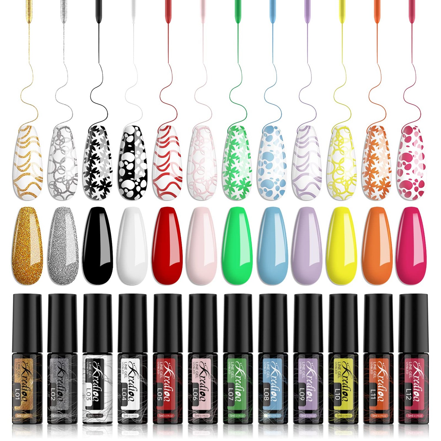 Kredioo Nail Art Gel Liner Gel Polish-12 Colors Soak Off UV/LED Black ...
