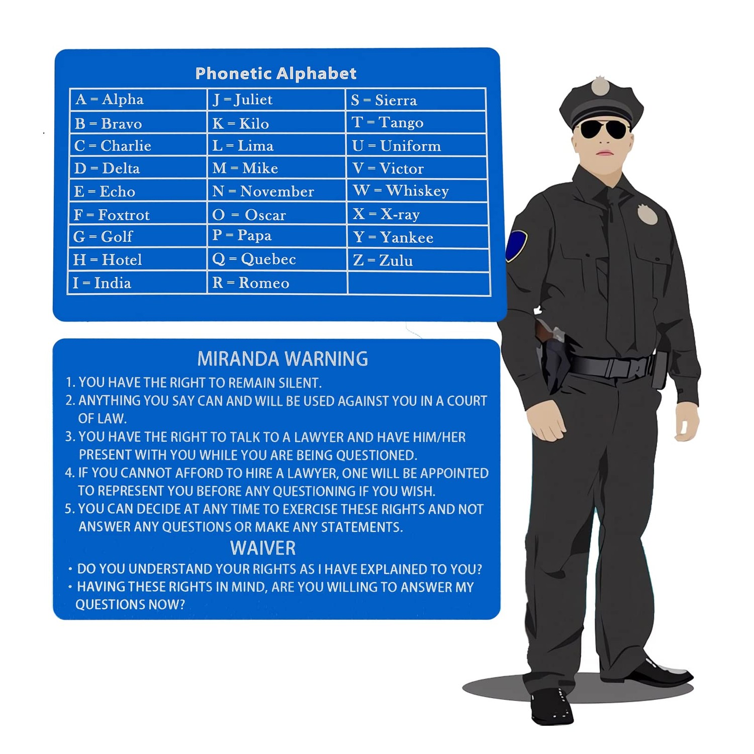 Velinpun 6 PCS Metal Miranda Warning Card/Phonetic Alphabet Card ...