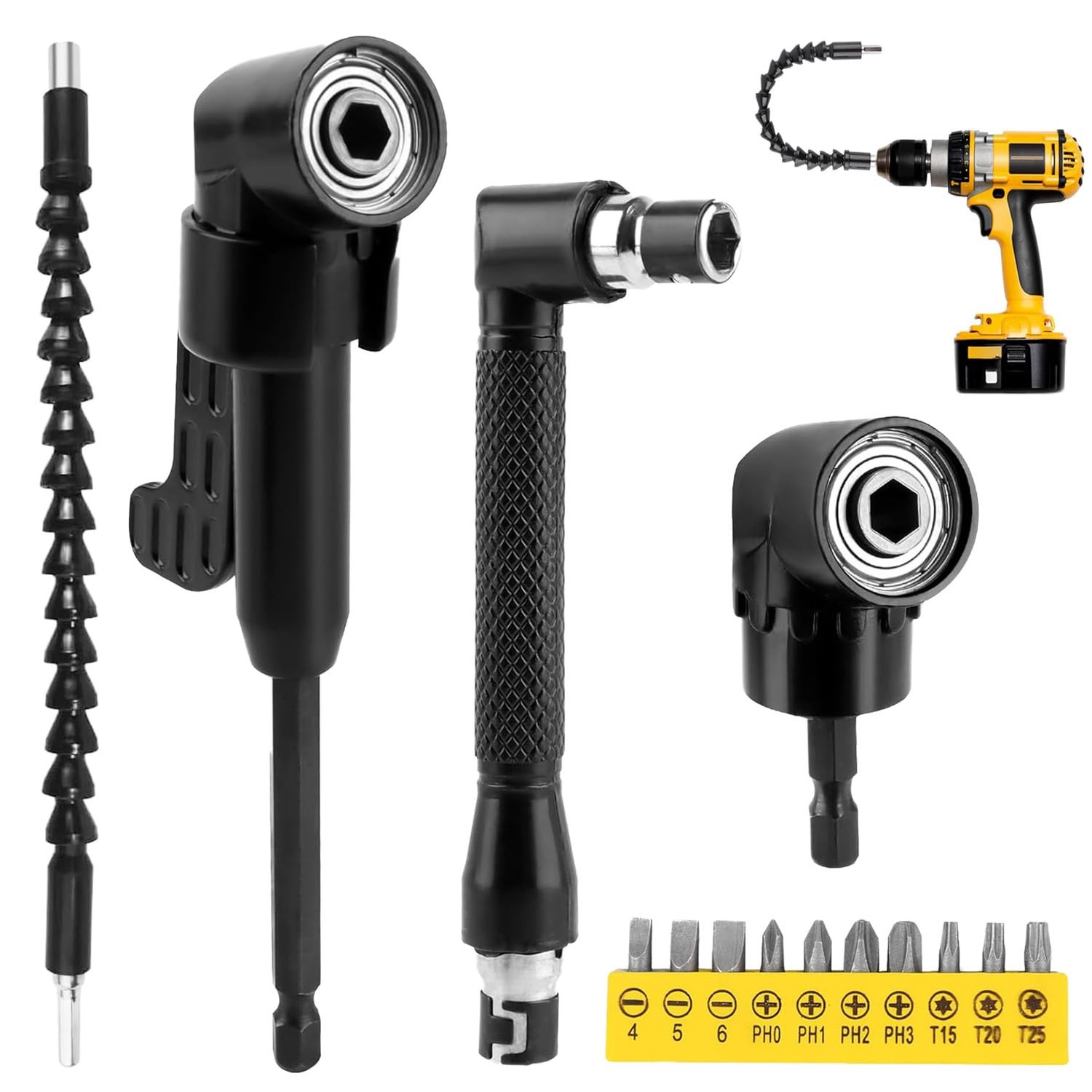 14 Piece Angle Screwdriver Attachment Set, 1/4 Inch Hex Shank, Angle ...