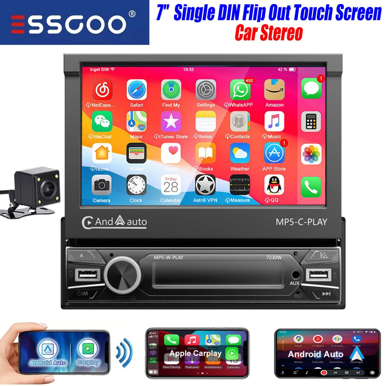 ESSGOO 7" Single 1 DIN Car Radio Stereo Apple Carplay Flip Out Screen ...