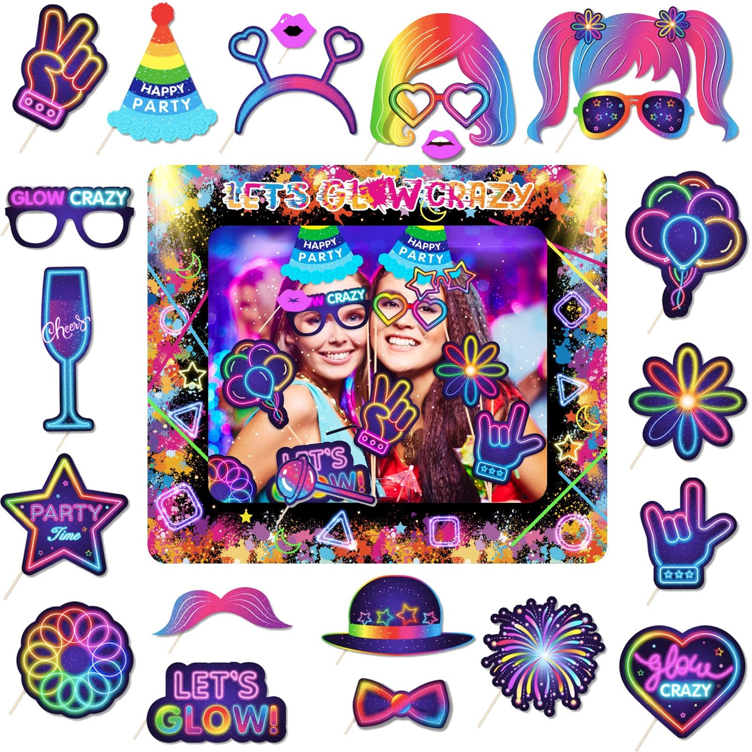 POPOYU Pack of 26 Let's Glow Photo Box Accessories, Neon Party ...