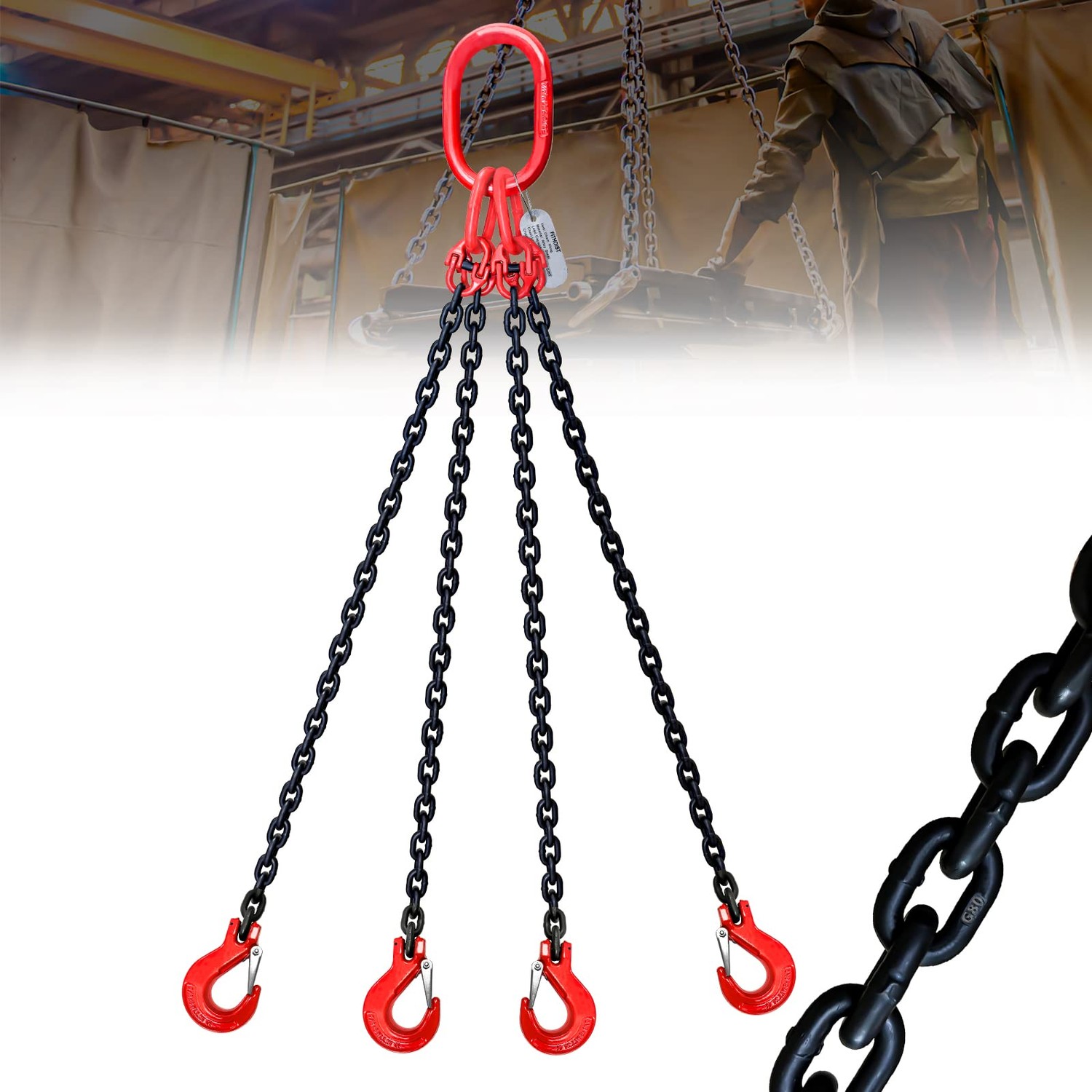 FITHOIST 6 Ton 4 Leg Chain Sling 5/16” 5 Ft, G80 Alloy Steel 4 Way ...